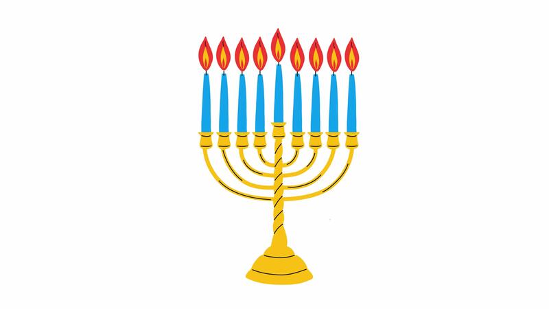 Hanukkah menorah candelabrum with nine lit candles. Video flat cartoon animation design element ...