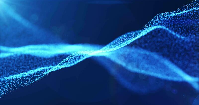 Digital particle waves with light motion and blurred background, abstract futuristic wavy ...