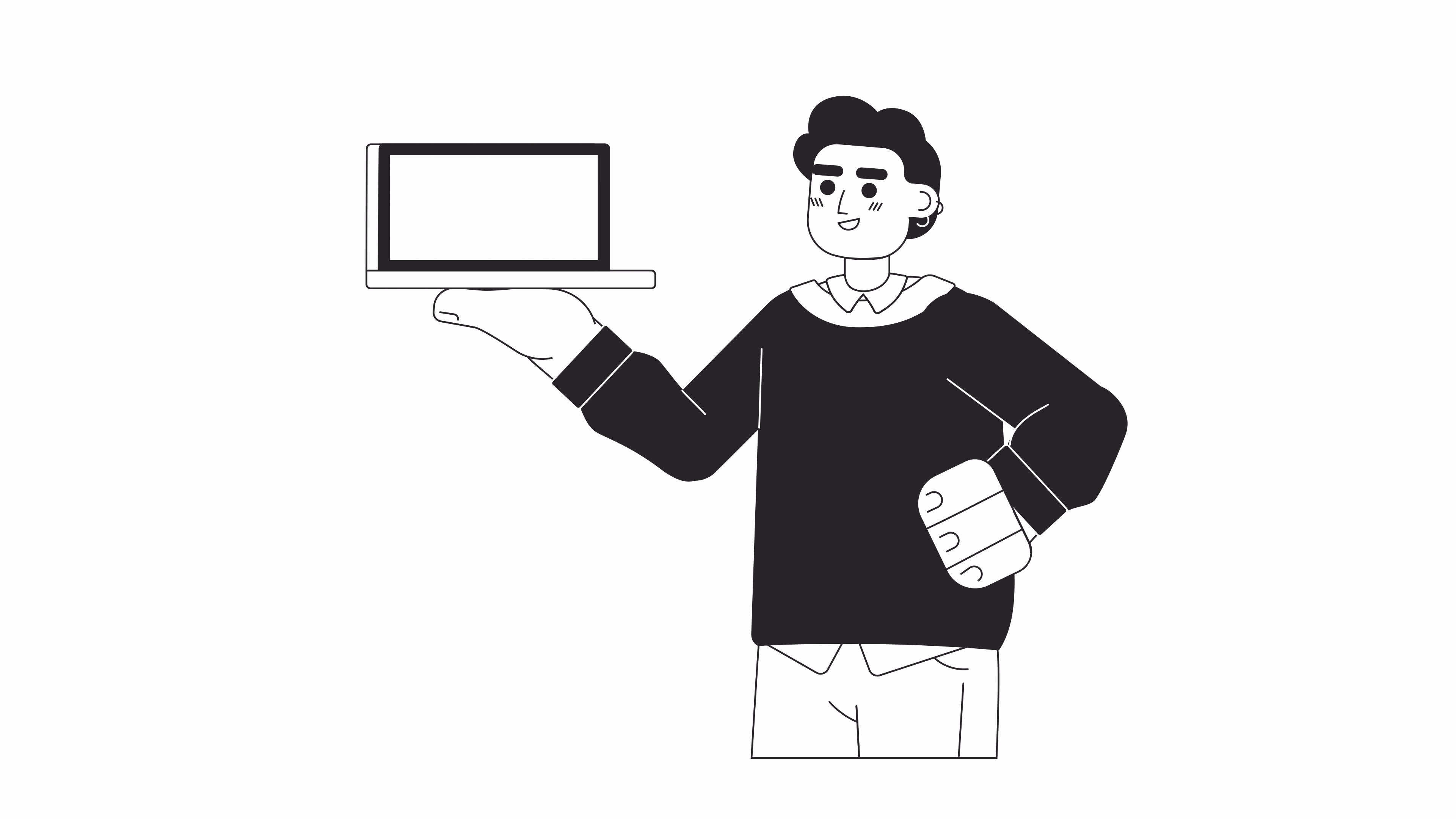Happy man with laptop bw 2D character animation. Showing notebook ...