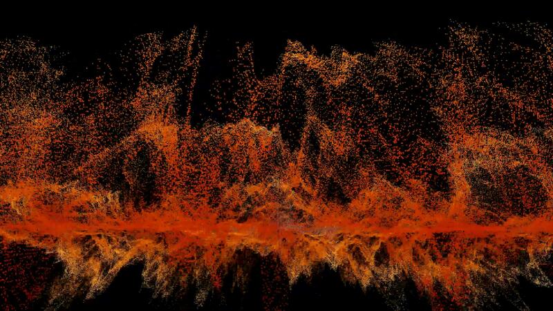 Abstract red lava million particles pattern waveform oscillation fast move, visualization wave ...