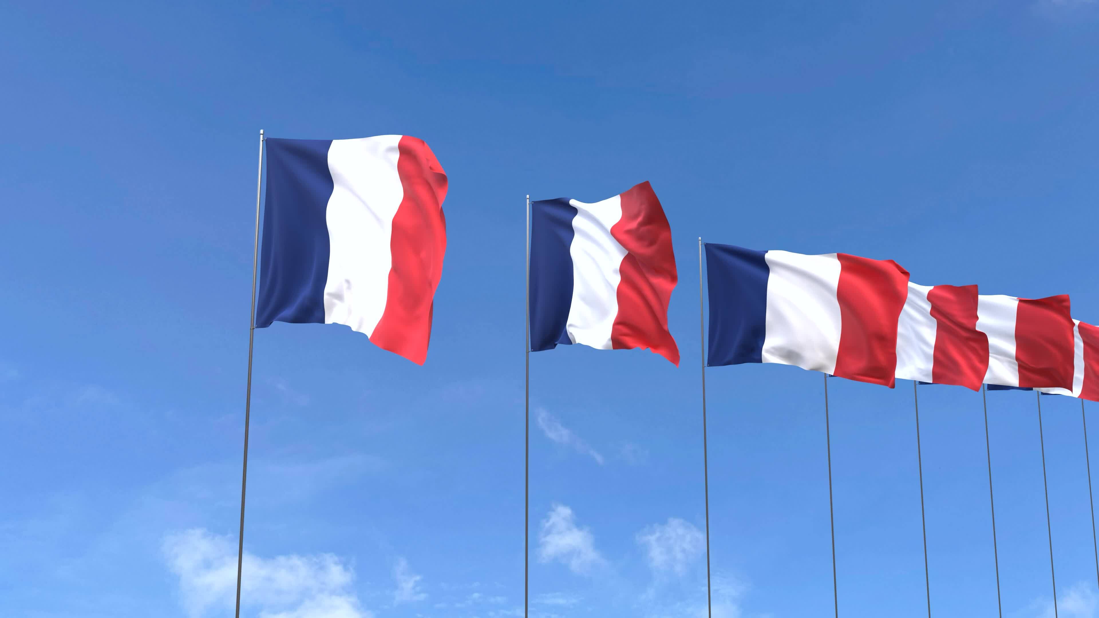 Looping video of the France flag Waving on blue sky background ...