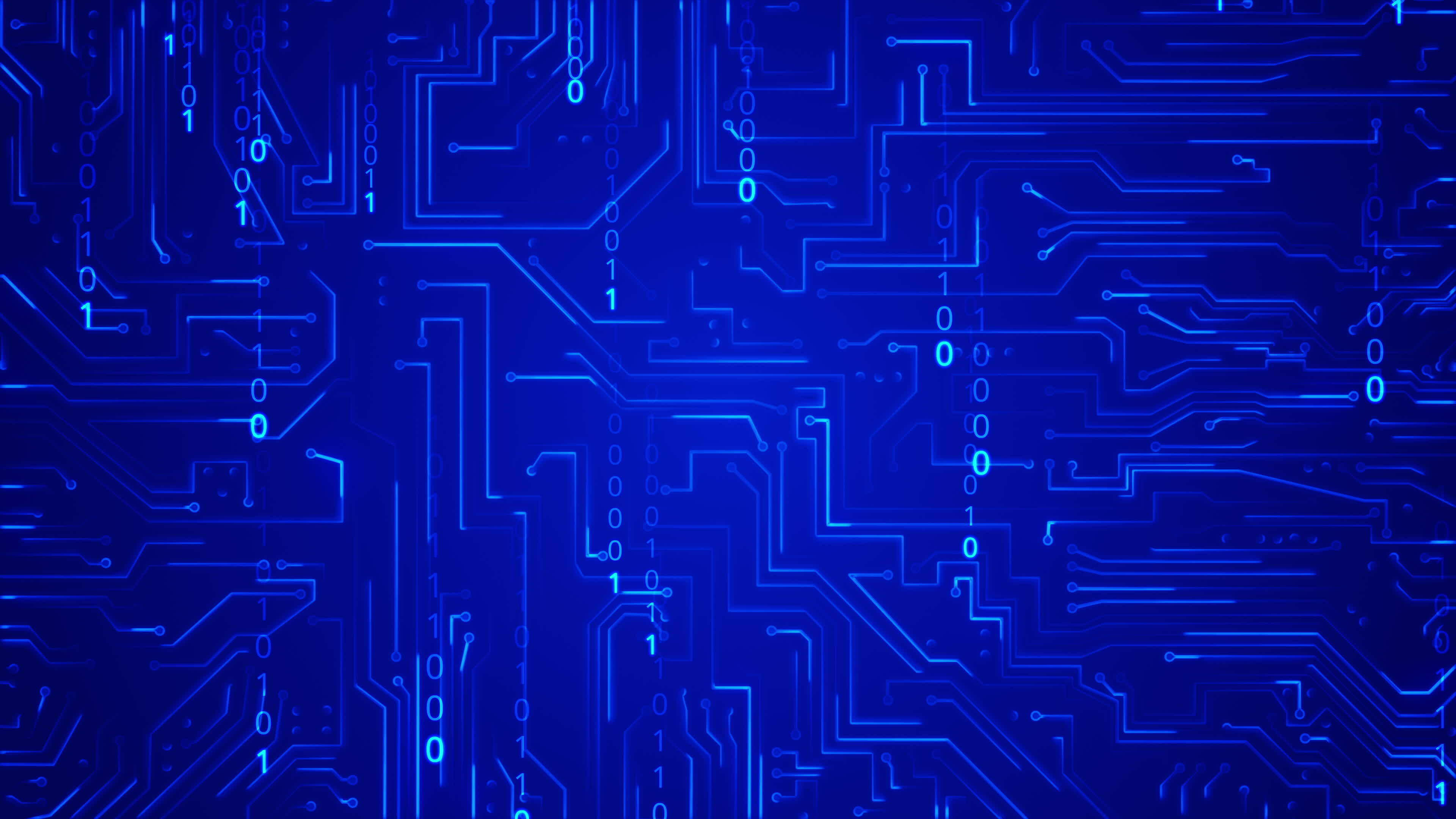 Circuit Board Connection And Falling Down Binary Code On Blue Circuit Board Connection And Falling Down Binary Code On Blue