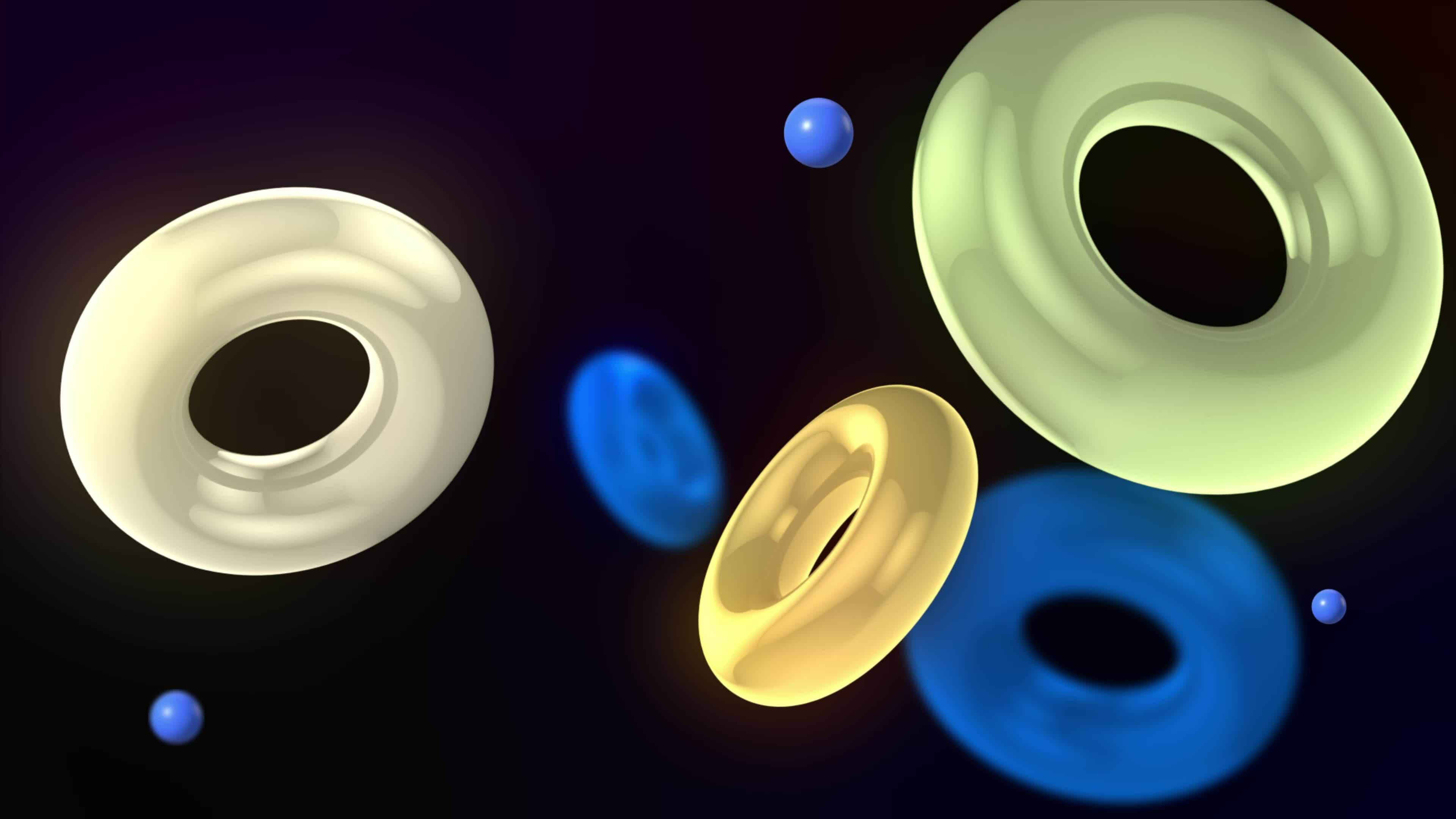 Abstract 3D background with colorful illuminated rings floating slowly. The rings float and ...