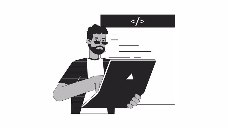 It Developer Coding On Laptop Bw Outline 2d Animation Software Engineering Remote Employee 4k