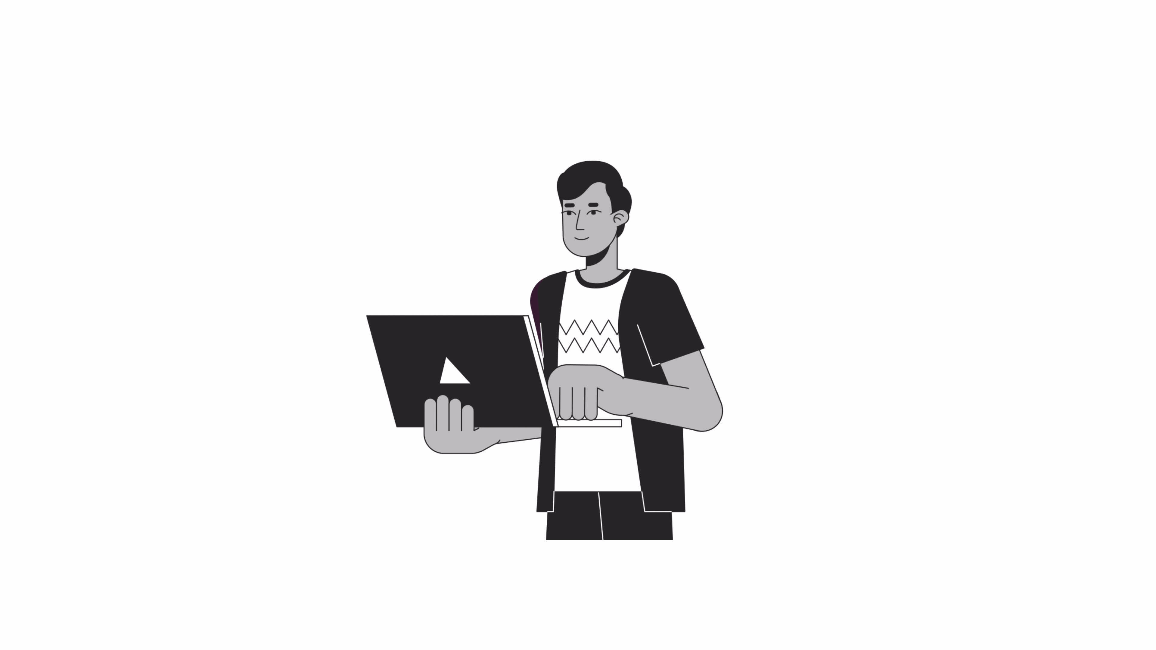Indian Graphic Designer Typing Laptop Bw Outline 2d Animation Male Teleworker 4k Video Motion