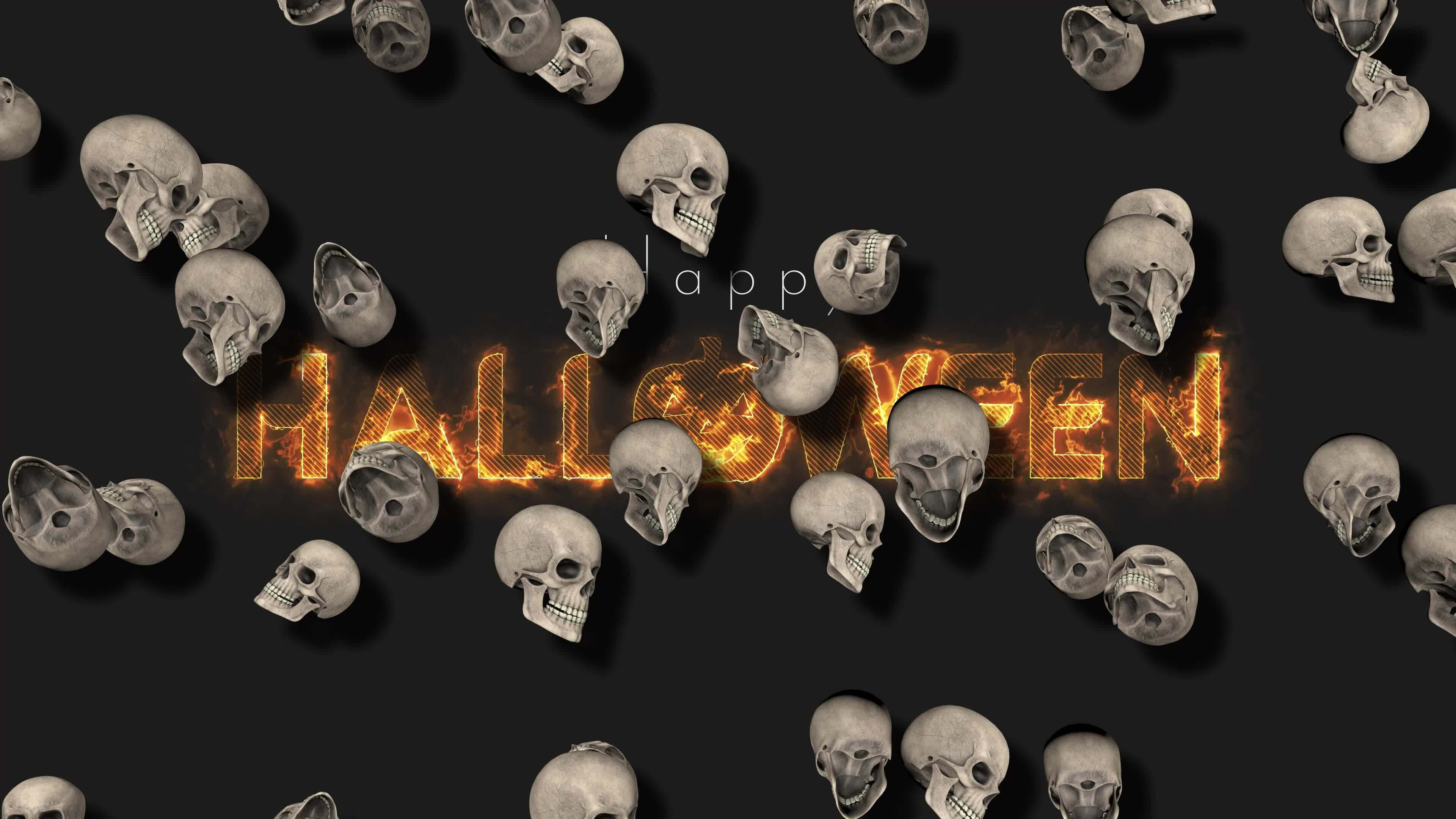 3D Skulls Floating Slow Motion Happy Halloween Text Appears Behind It ...