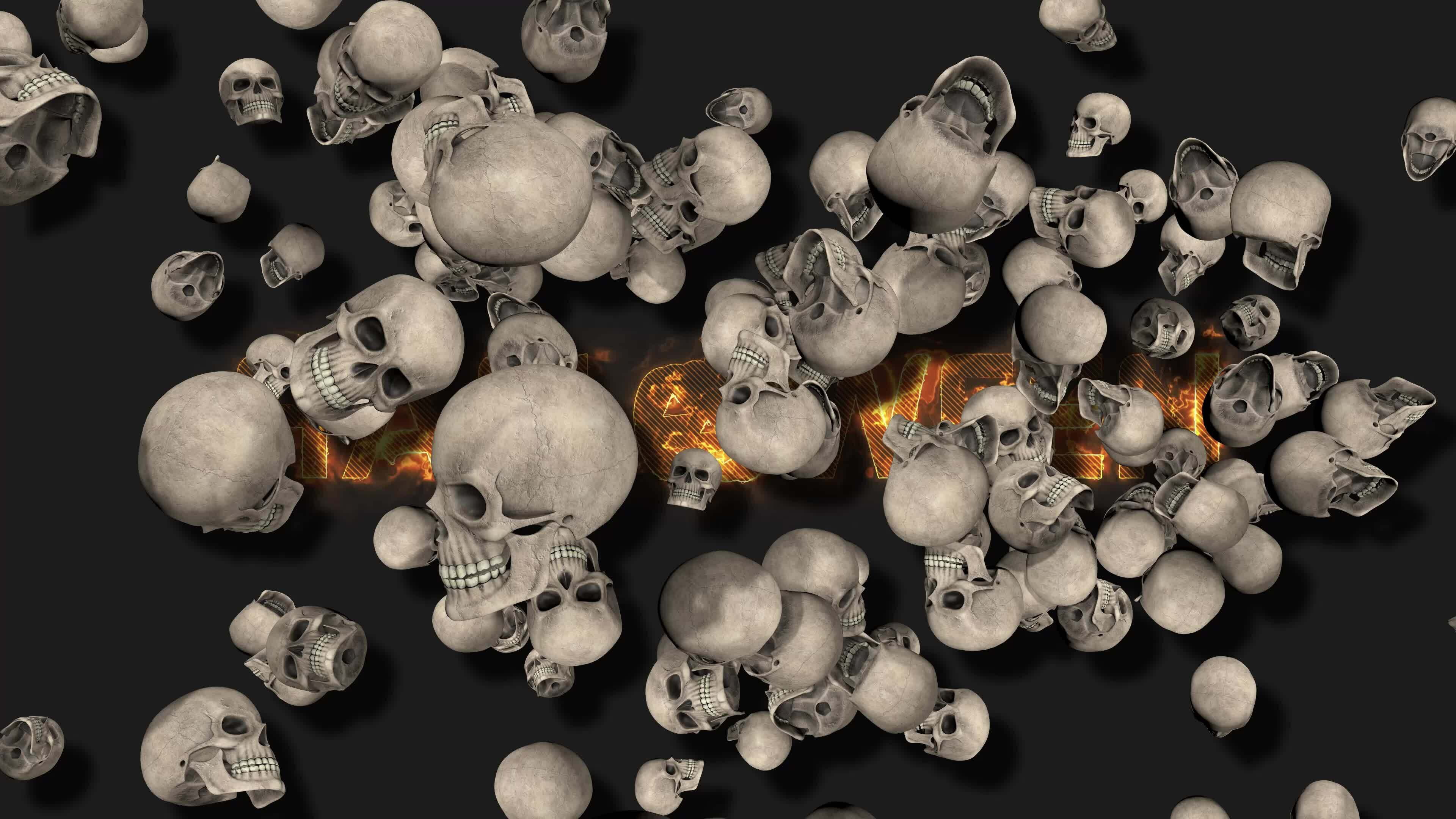 3D Skulls Blast Effect Happy Halloween Text Appears Behind it, Slow ...