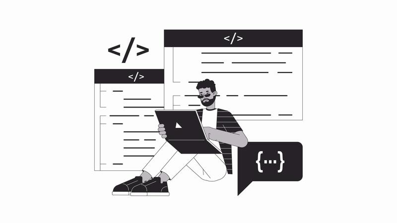 Back end development bw outline 2D animation. Developer coding ... Back end development bw outline 2D animation. Developer coding ...