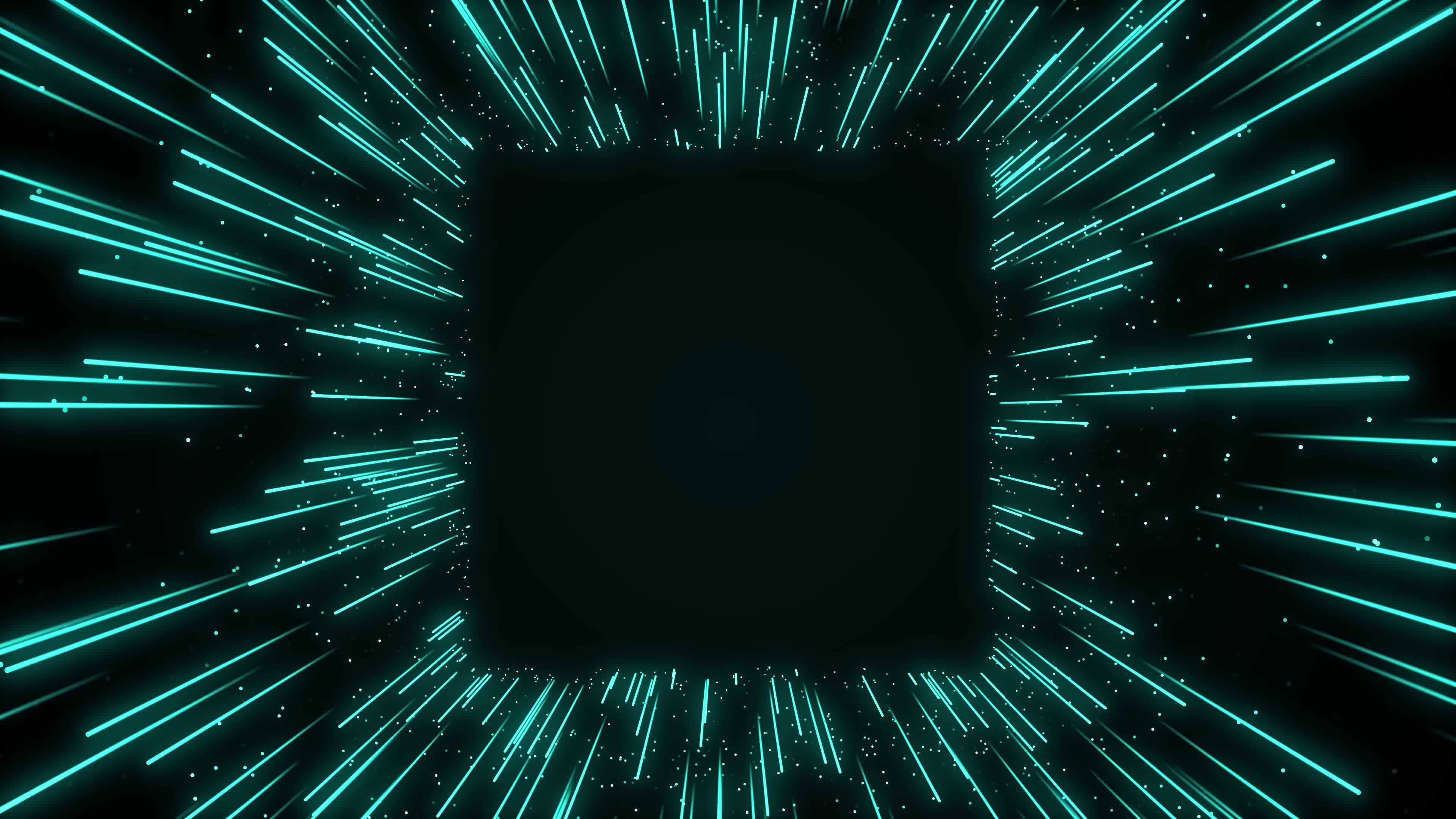 Cyan square frame floating glowing color rays background loop. Square badge creative colored ...