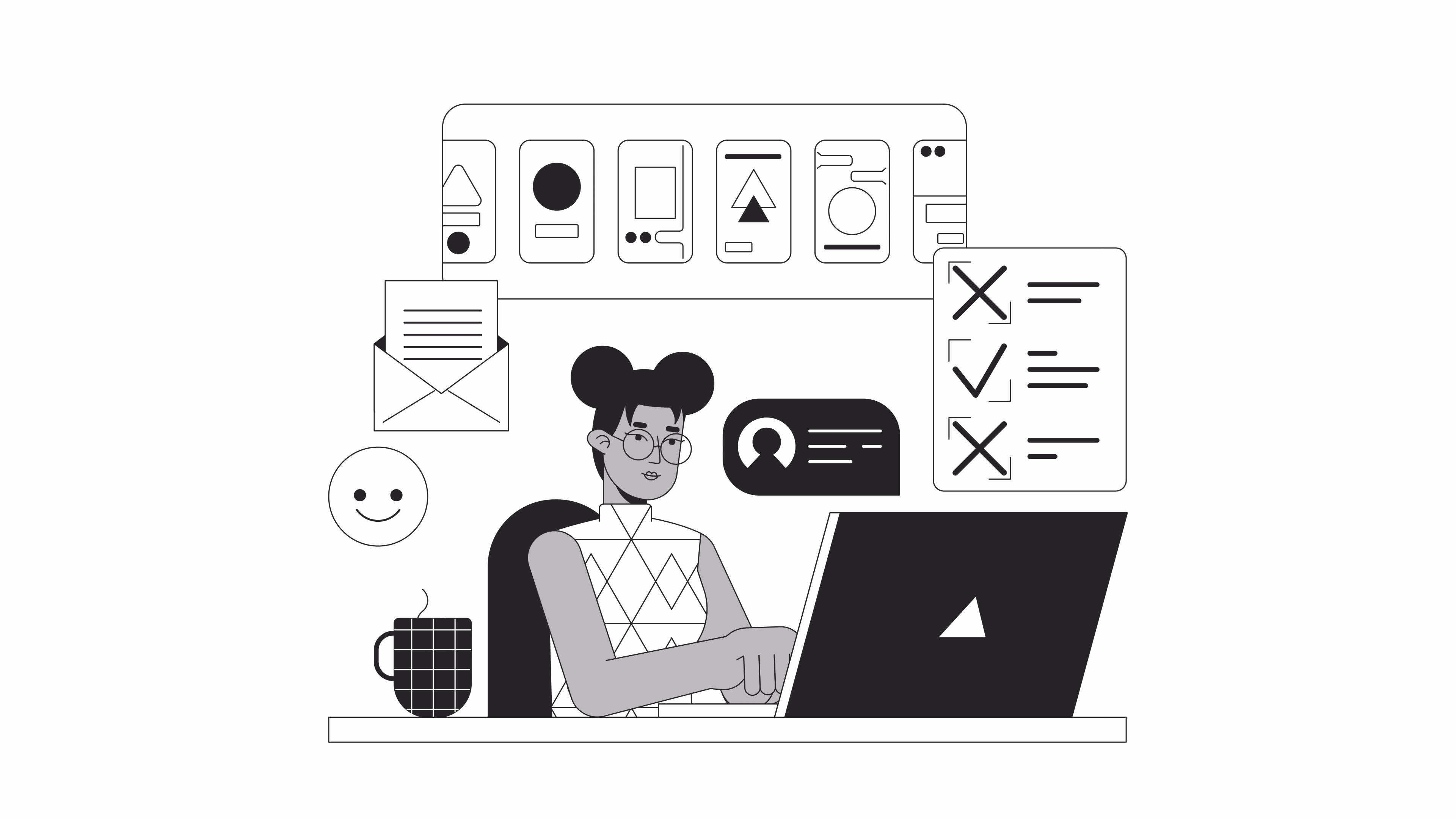 Remote worker communication bw outline 2D animation. Woman typing laptop office 4K video motion ...