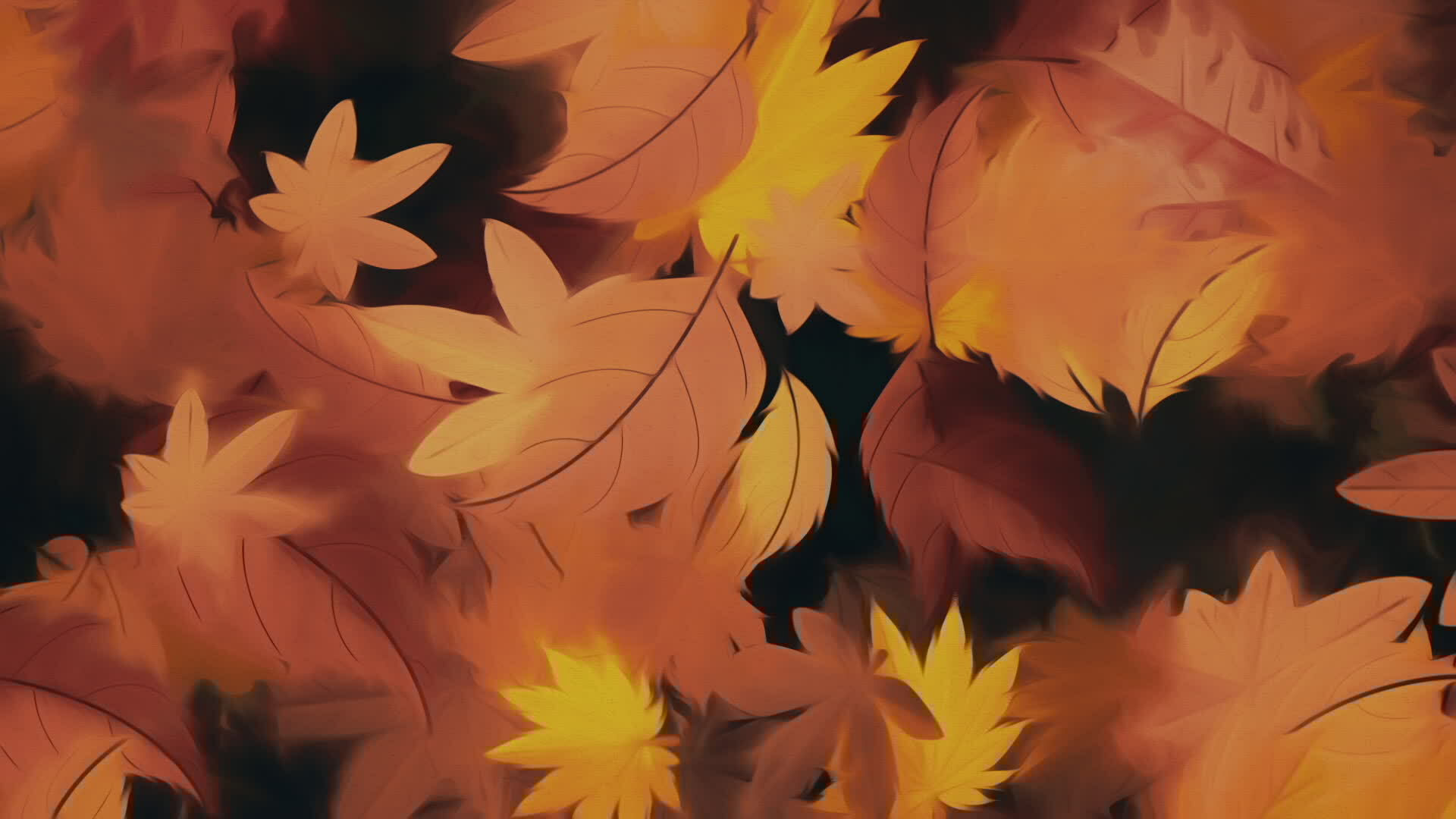 Abstract autumnal textured background animation with gently rustling golden red Autumn leaves in ...
