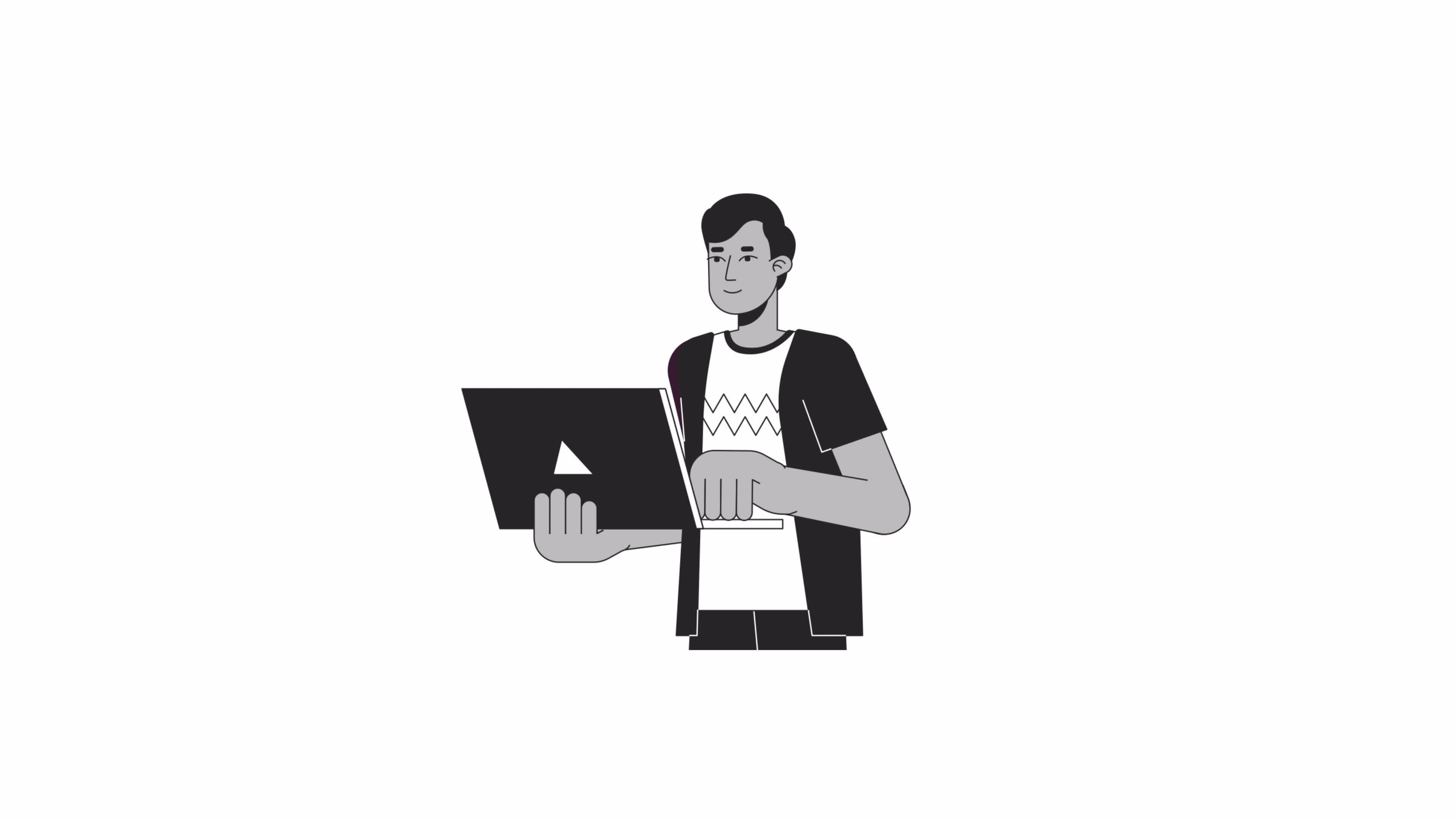 Indian Young Man Holding Laptop Bw Outline 2d Character Animation Freelance Monochrome Linear