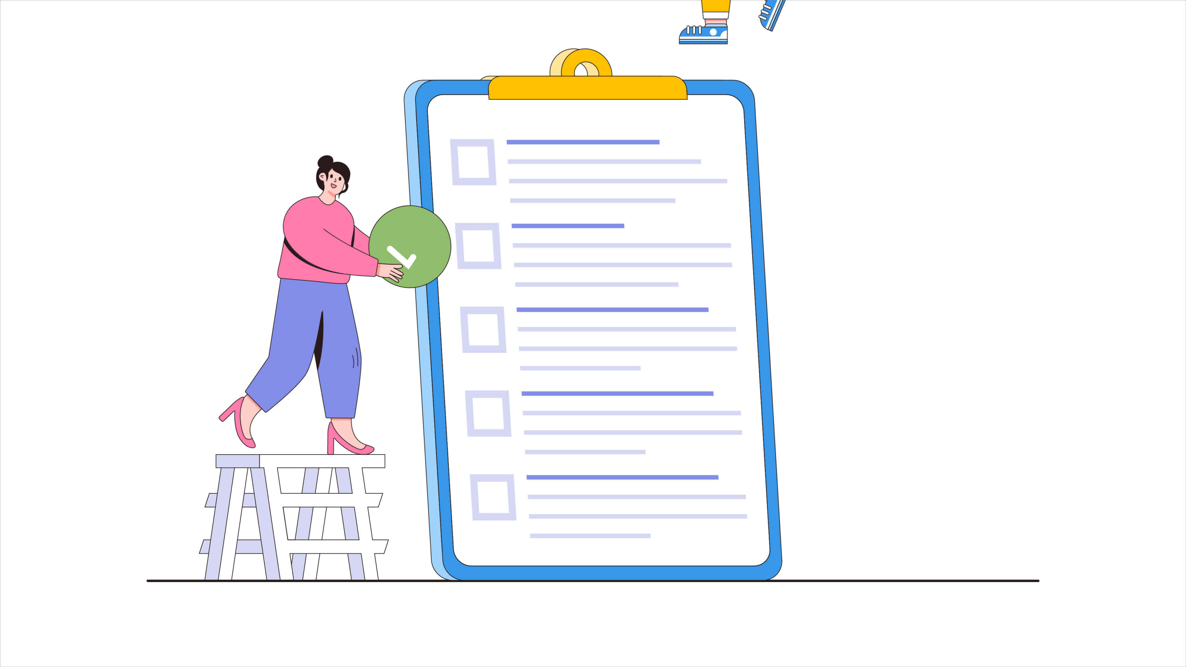 Animation footage of people fill out a form, done job, long paper ...