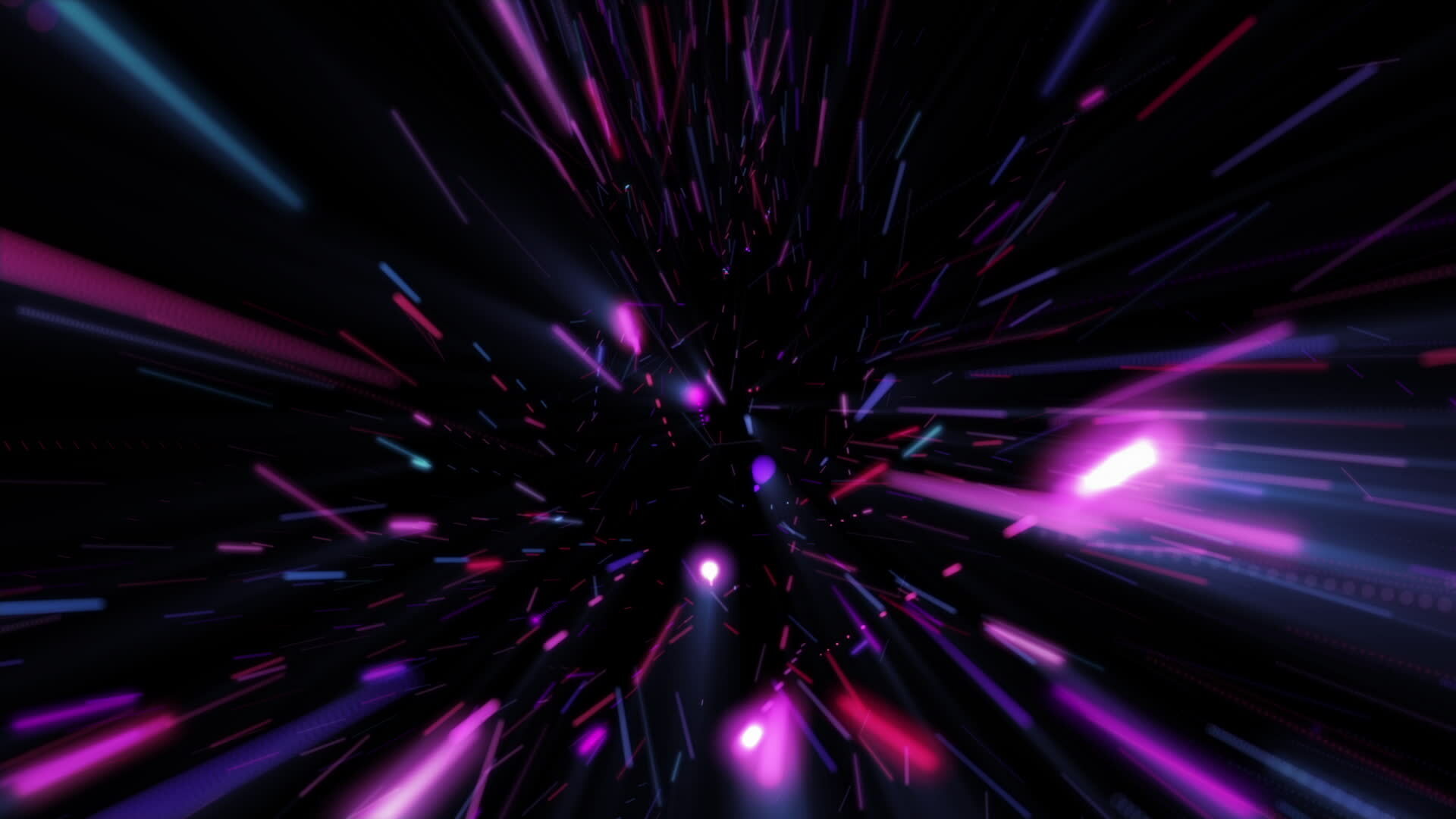 An explosion of glowing neon colored pink and blue digital data particles swirling at high speed ...
