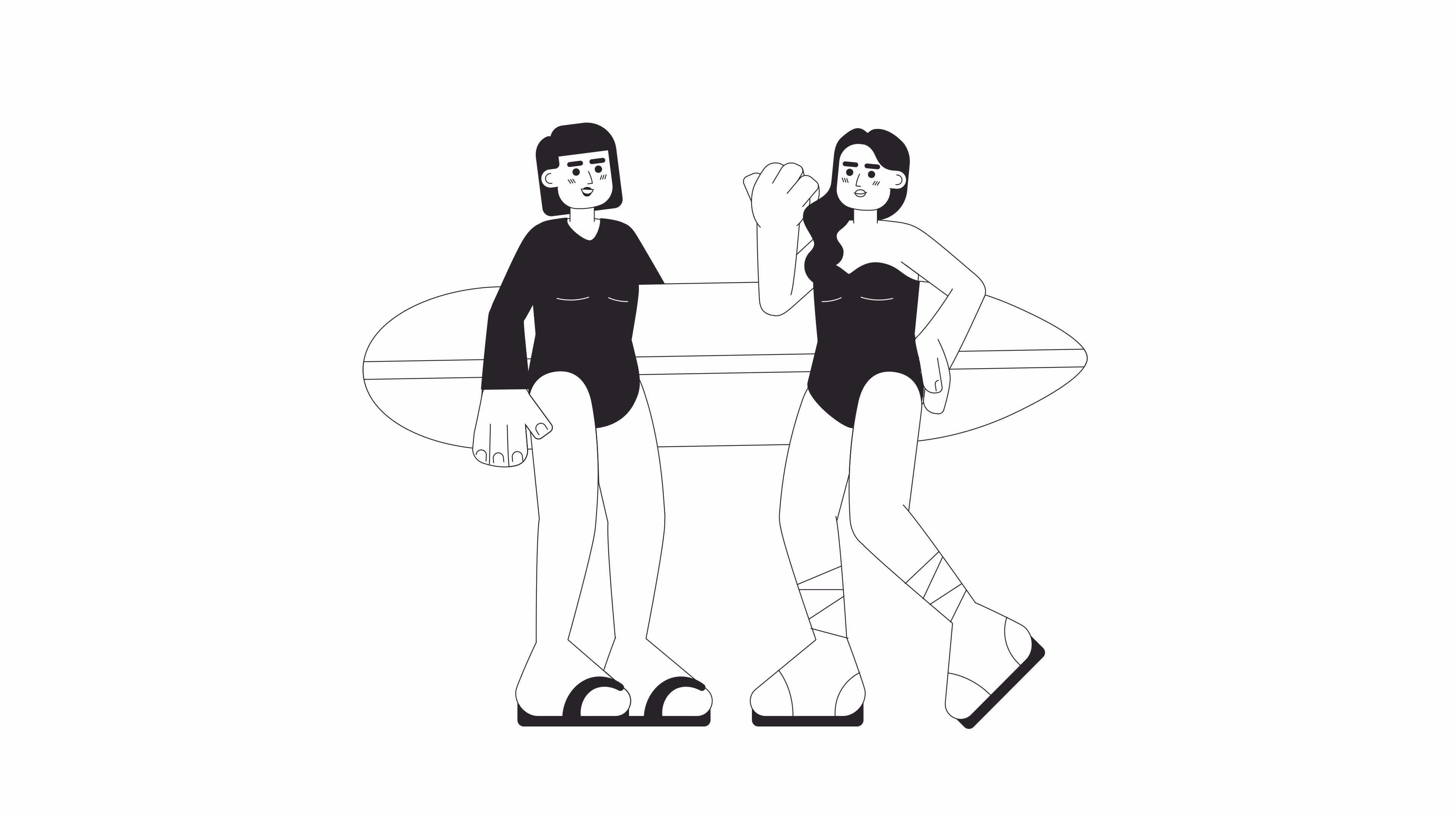 Diverse Surfer Girls With Surfboard On Beach Bw Cartoon Animation Surf Vacation 4k Video Motion