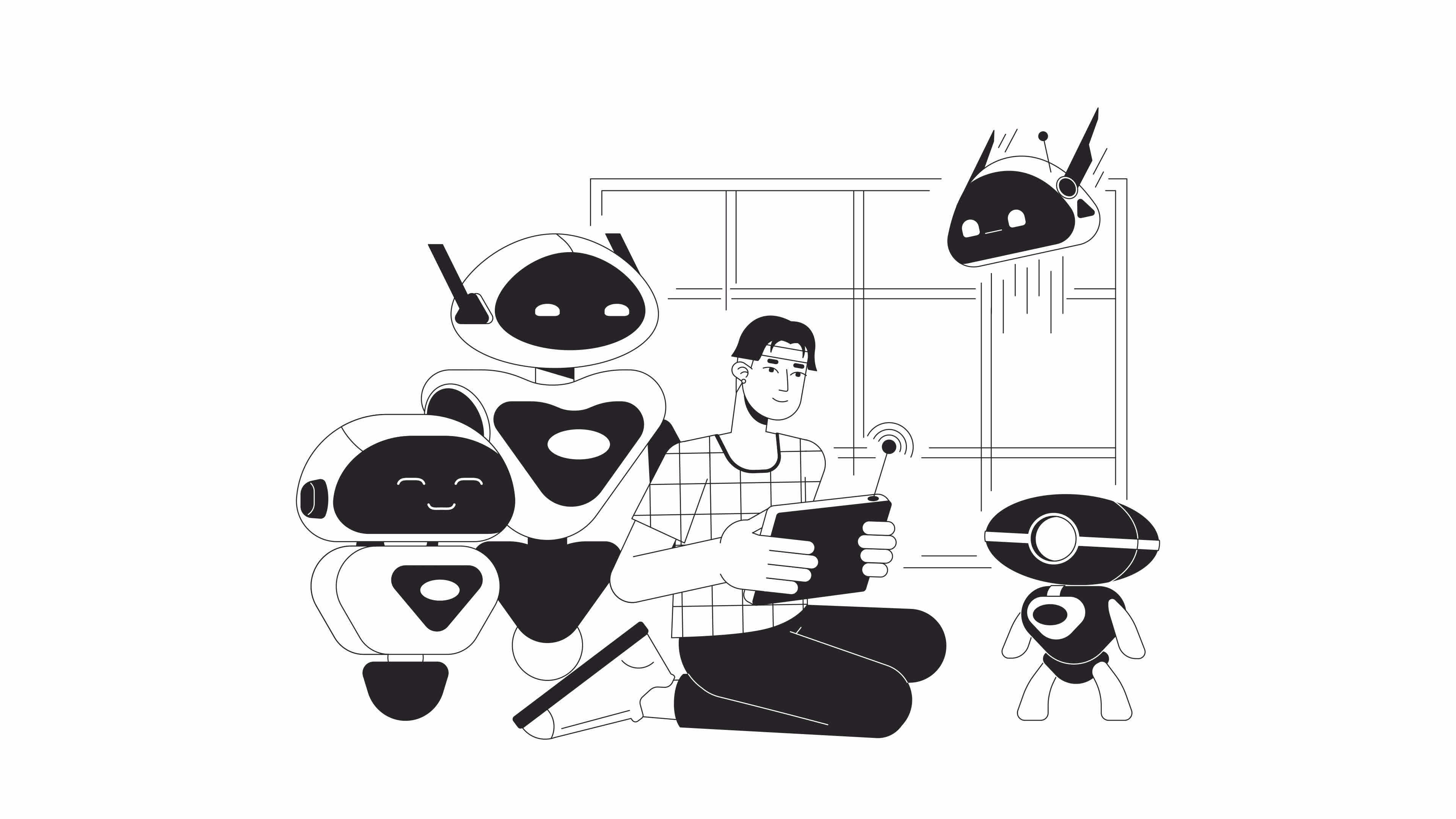 STEM robotics bw outline 2D animation. Science technology engineering ...