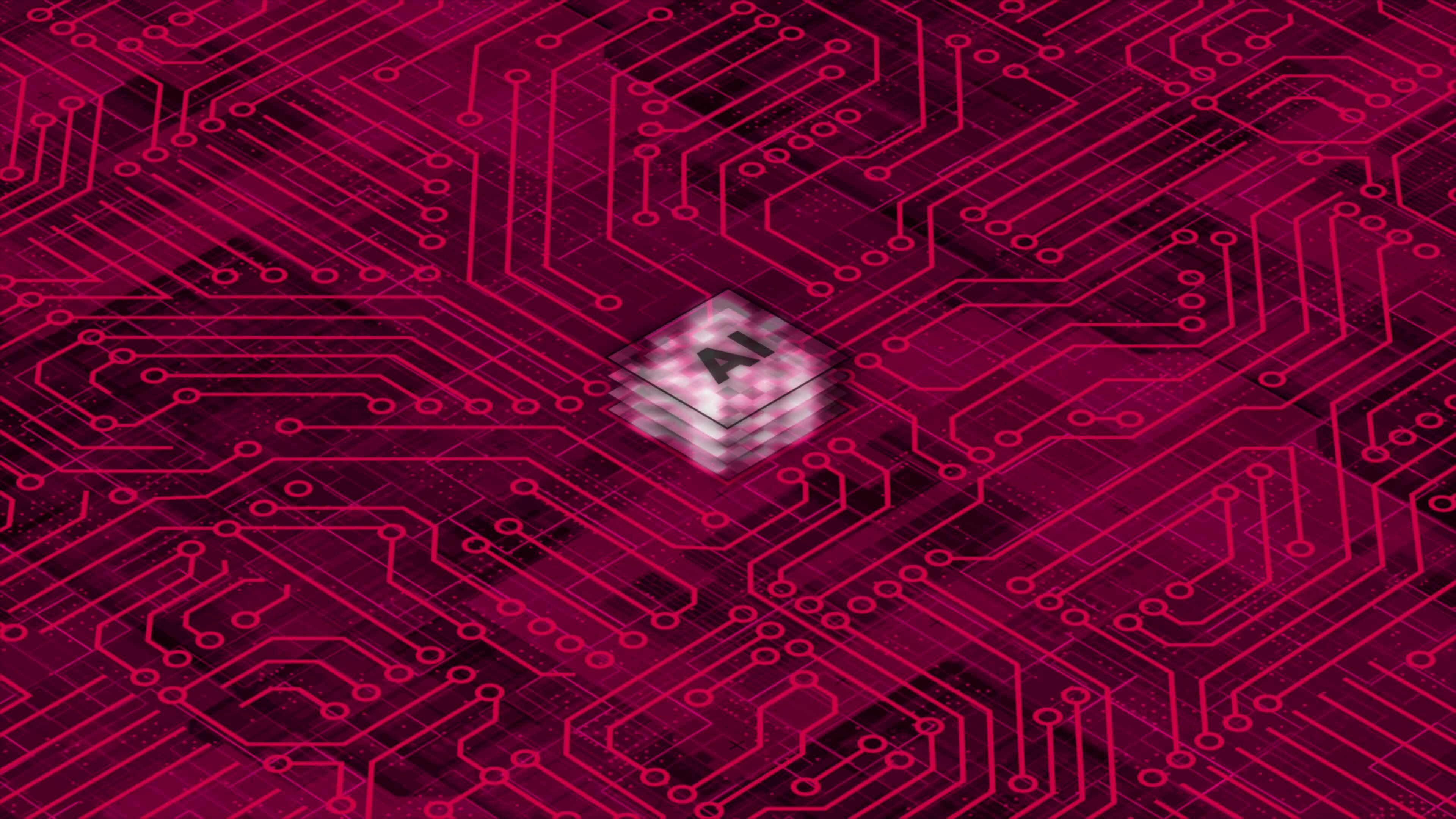 Magenta red 3d Computer chip with connections and signals. AI Computer processor background ...