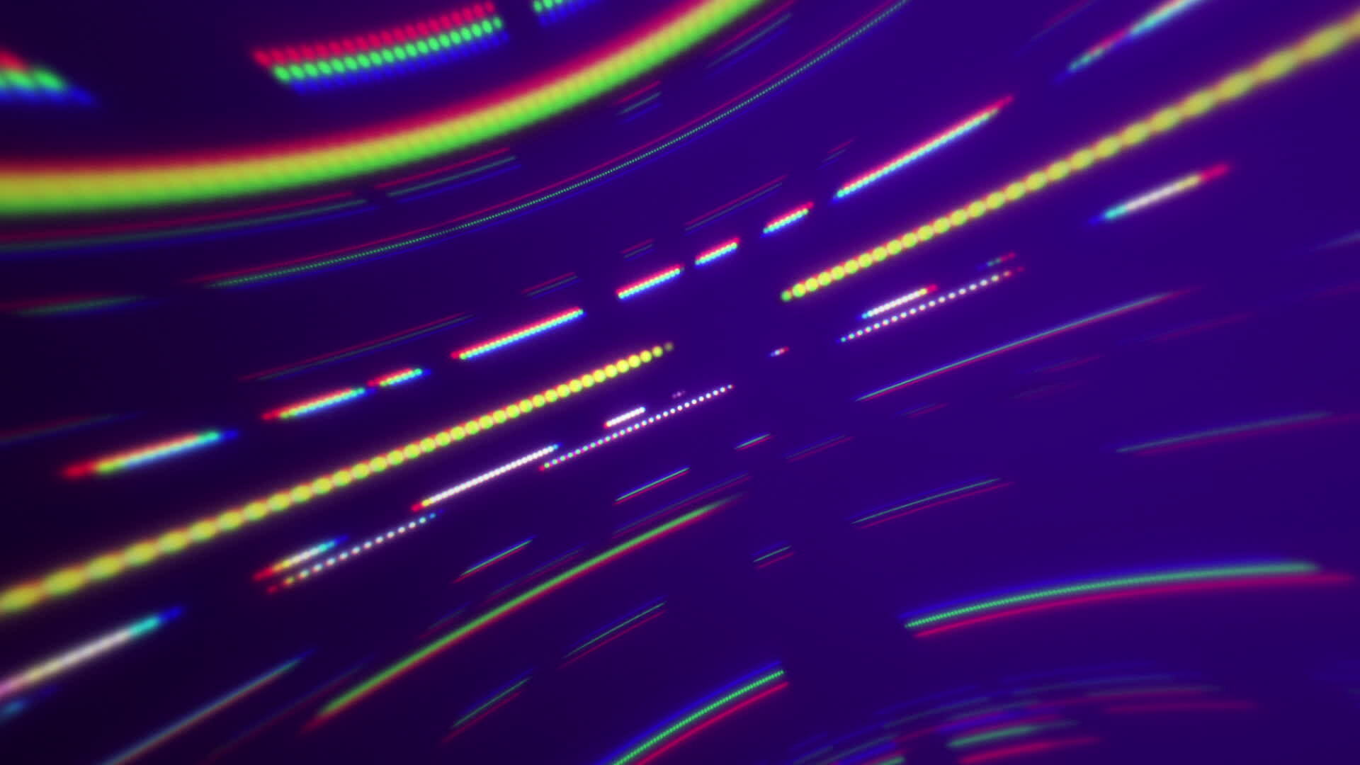 Trendy retro cyberpunk background with glowing neon lines, dashed lines and dots moving across ...