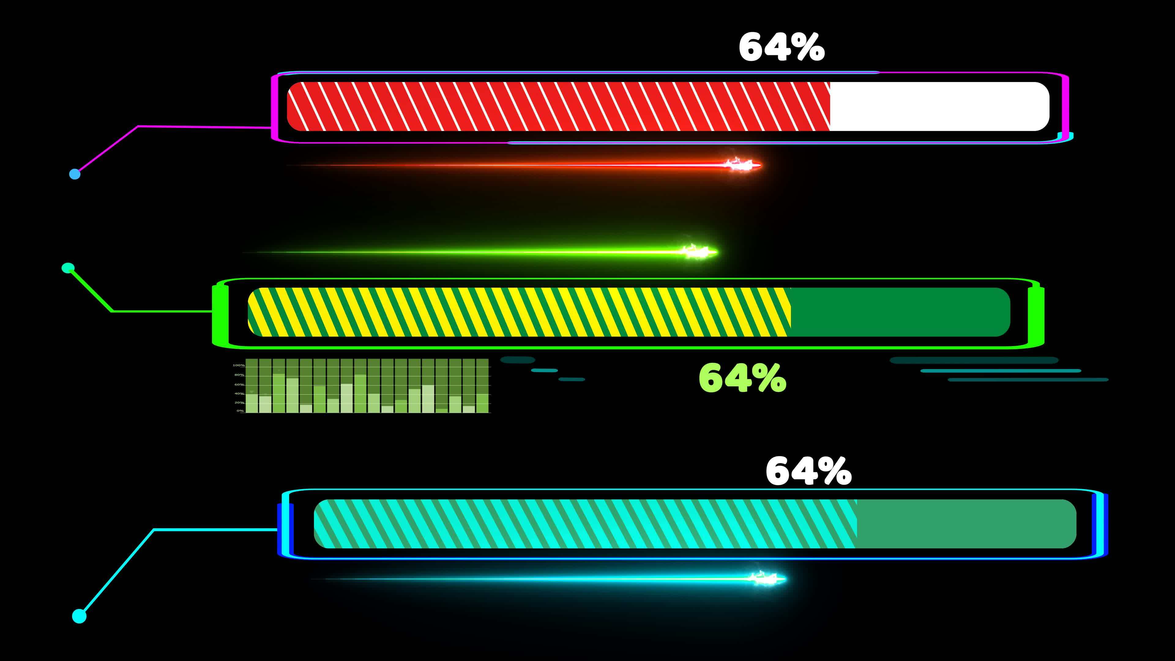 Progress bar three package fill three color with laser shooting on callout and percent text ...