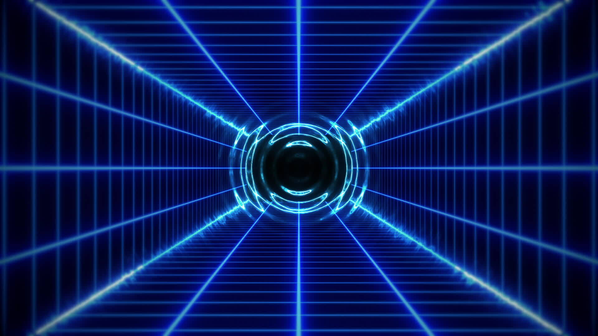 Retro futuristic cyberpunk tunnel grid motion background with glowing blue neon light and ...
