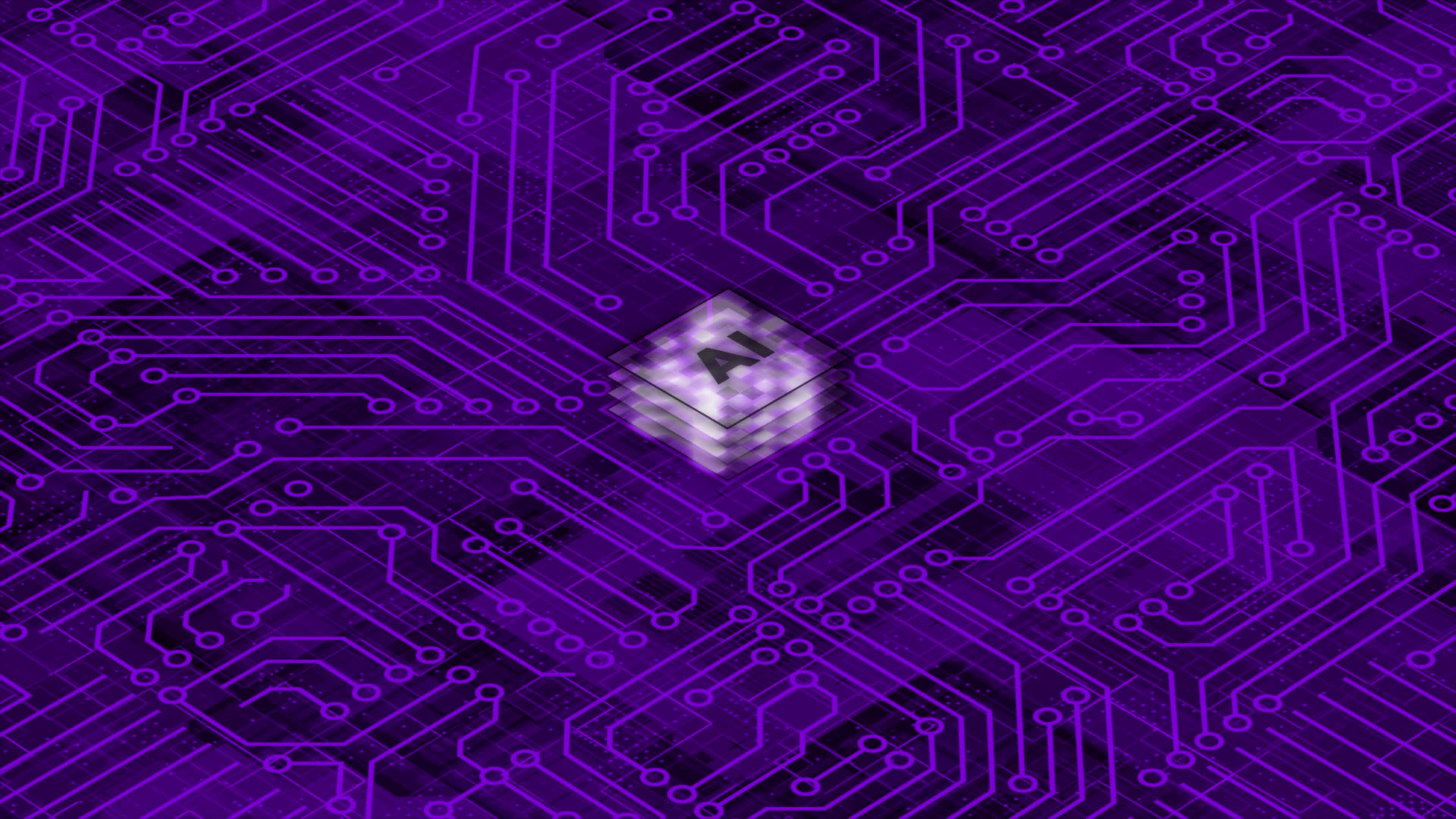 Purple 3d Computer chip with connections and signals. AI Computer processor background. Mother ...