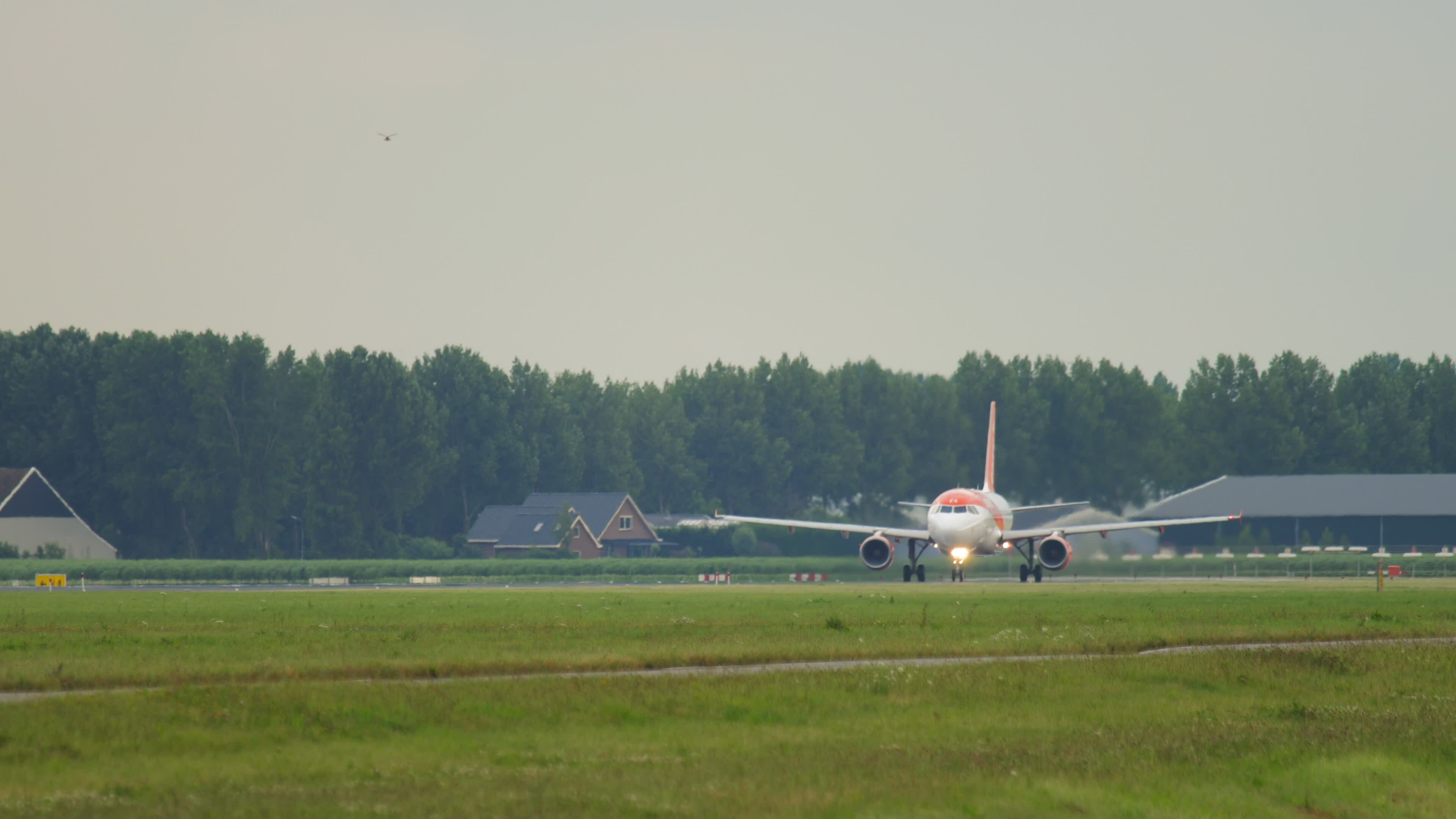 Airplane accelerates before takeoff, airport, morning. Departure of a ... Airplane accelerates before takeoff, airport, morning. Departure of a ...