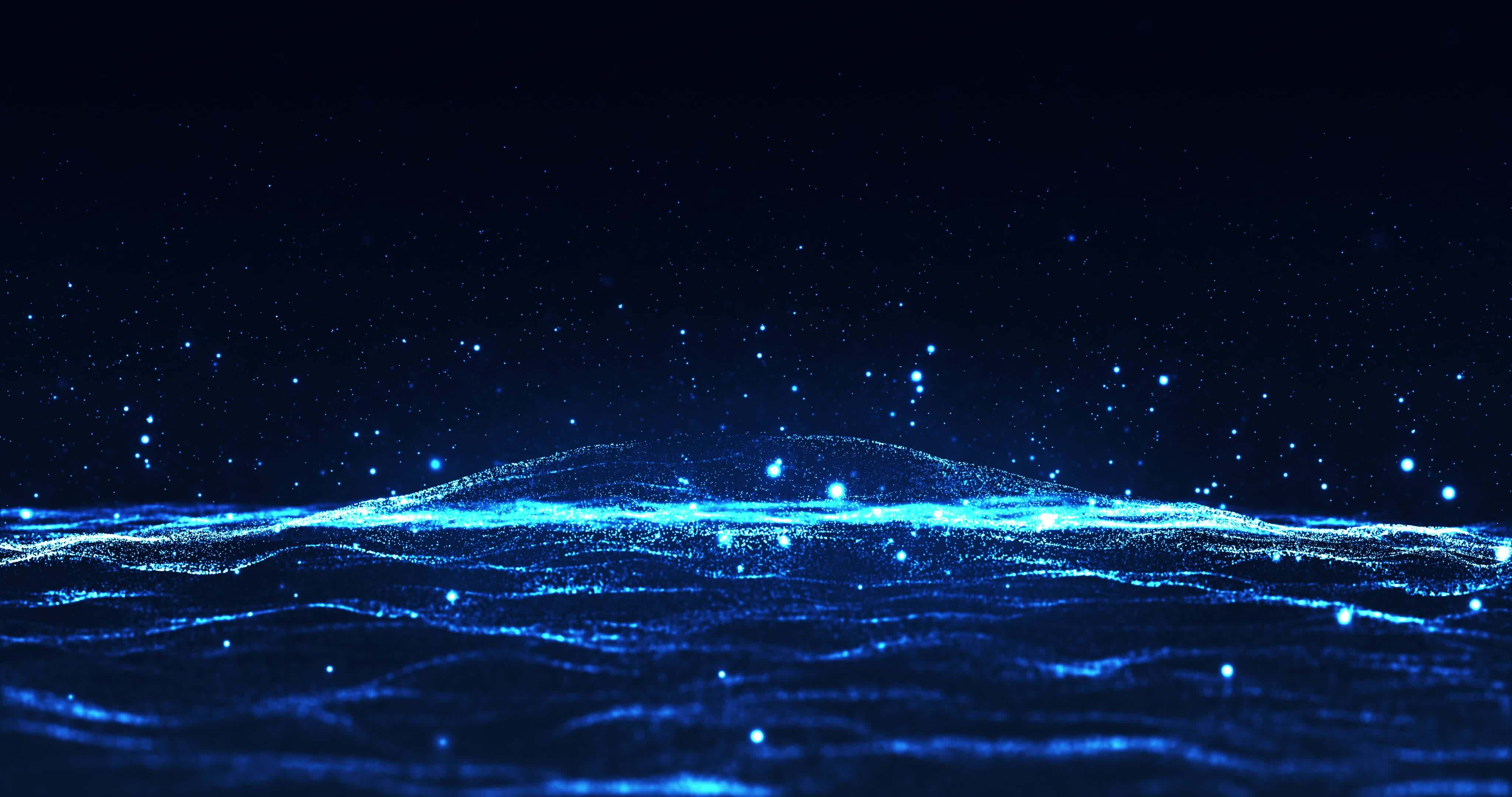 Abstract digital particle waves with flowing small particles motion on wave and light abstract ...