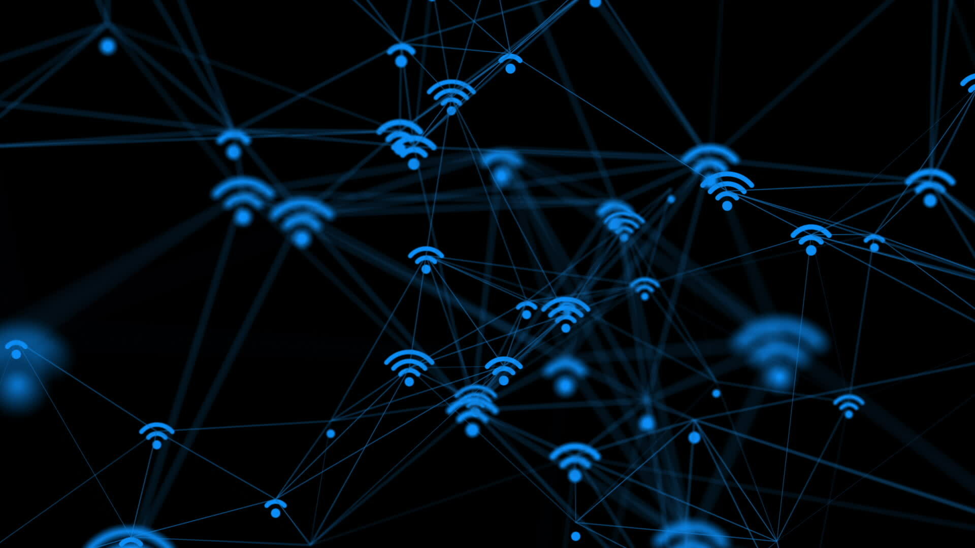 Wi-fi network connections concept background with flashing blue wi-fi icons connected by a ...