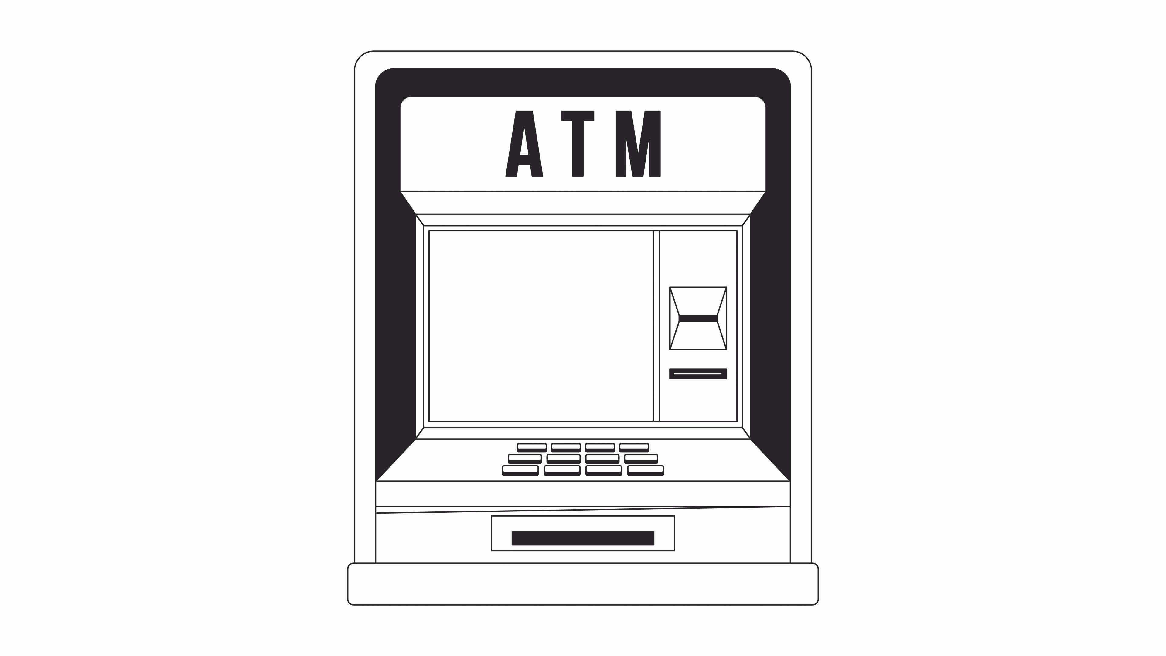 Atm machine screen bw outline 2D object animation. Withdraw money service monochrome linear ...