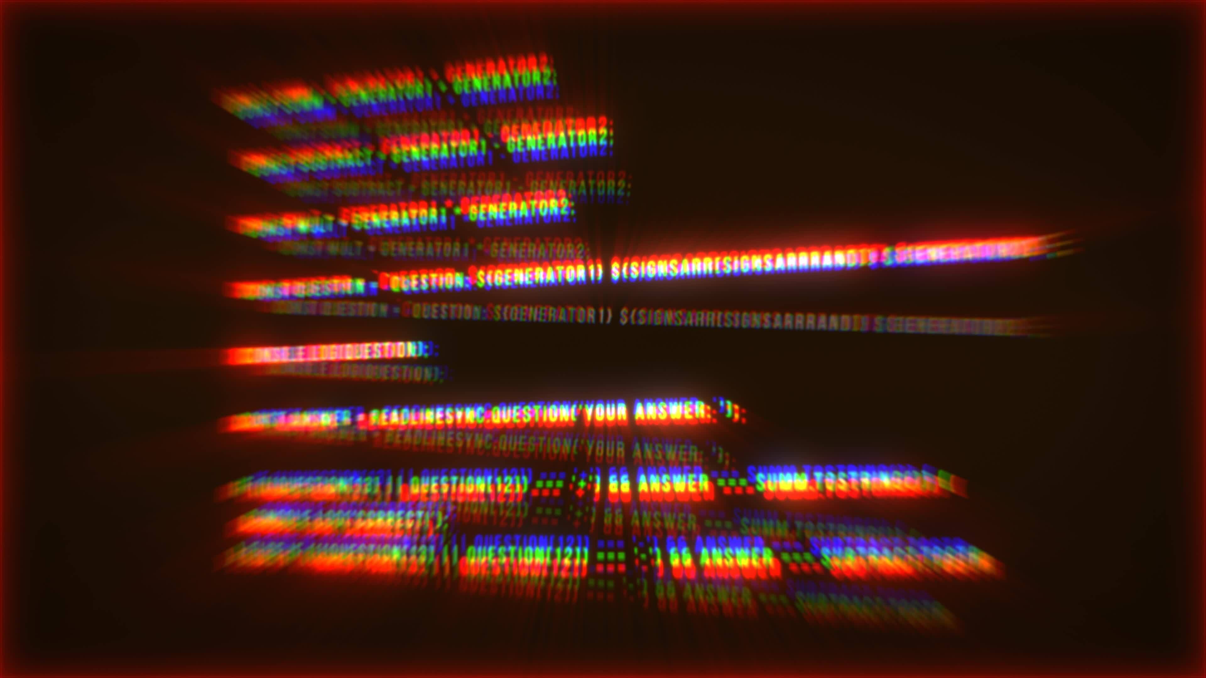 Typing a digital code by a programmer in a programming language, luminous letters and numbers ...