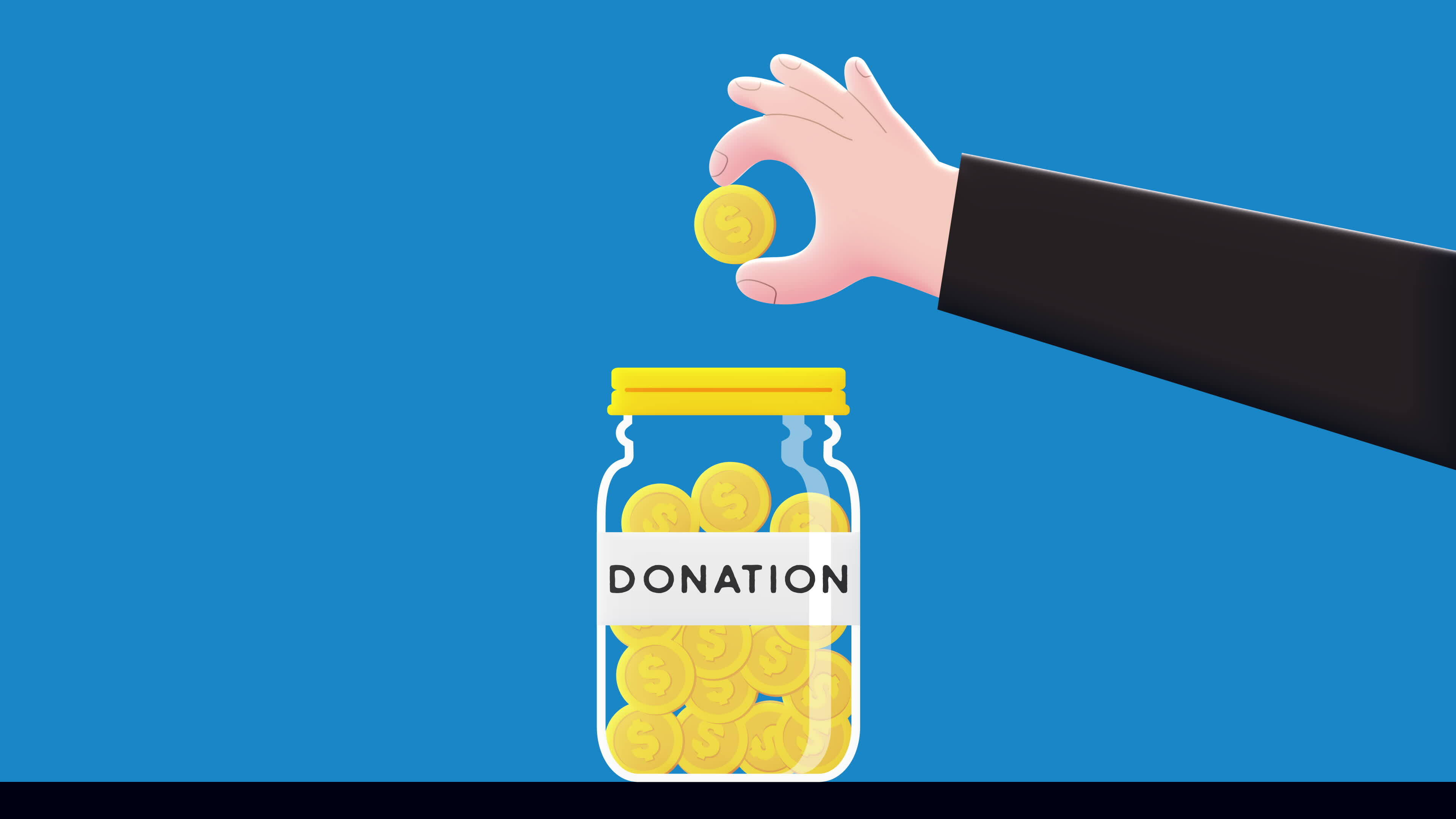 Charity donation 4K animation with a jar of coin and hands. Raising funds, Man donating gold ...