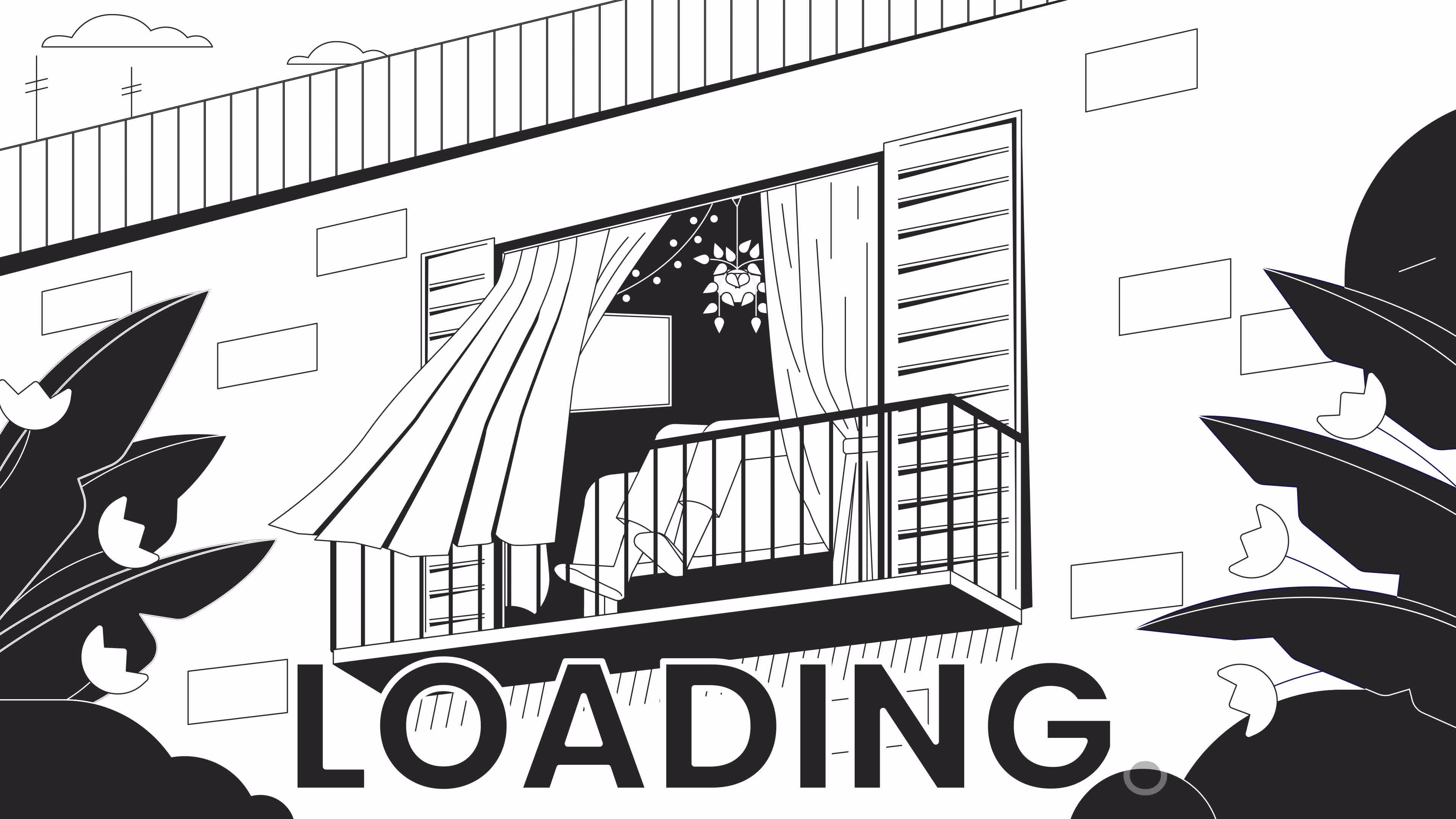 Relaxing On Balcony Bw Loading Animation Curtain Open Window Breeze Outline 2d Cartoon Scene 4k