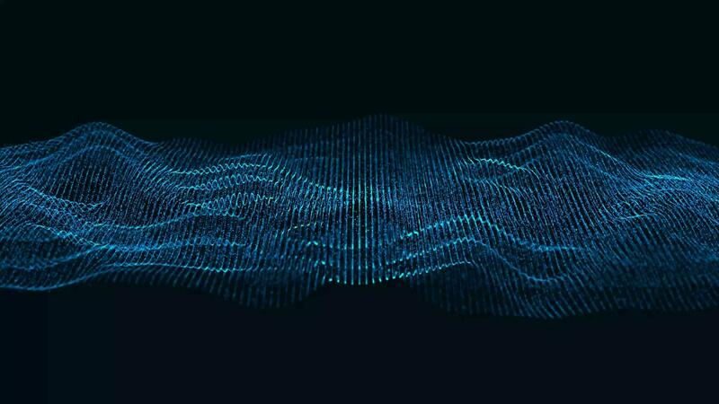 Dynamic blue particle wave. Futuristic point wave. Flow digital structure. Data technology ...