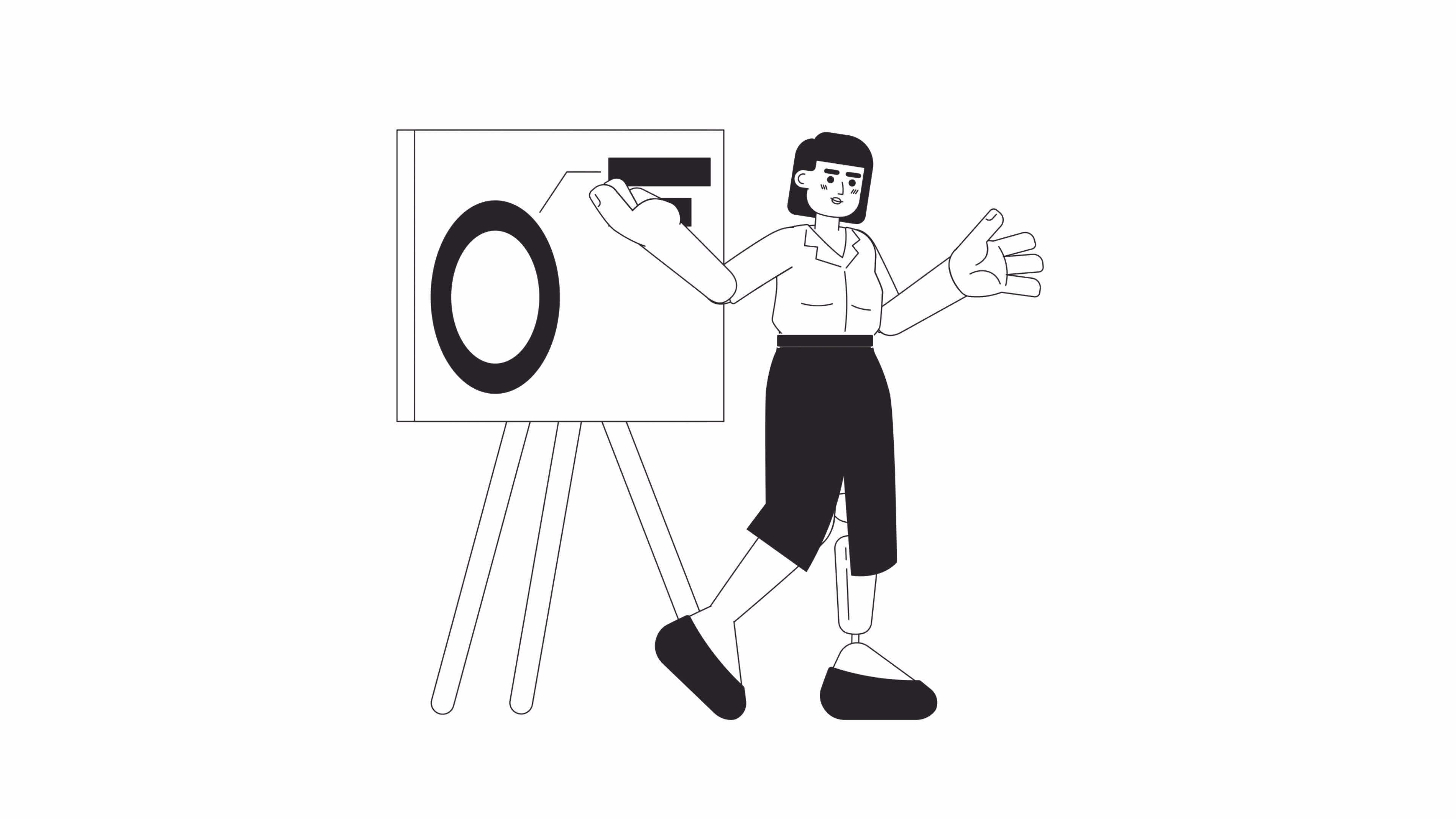 Prosthetic Leg Asian Woman Presenting Financial Result Bw 2d Character Animation Outline