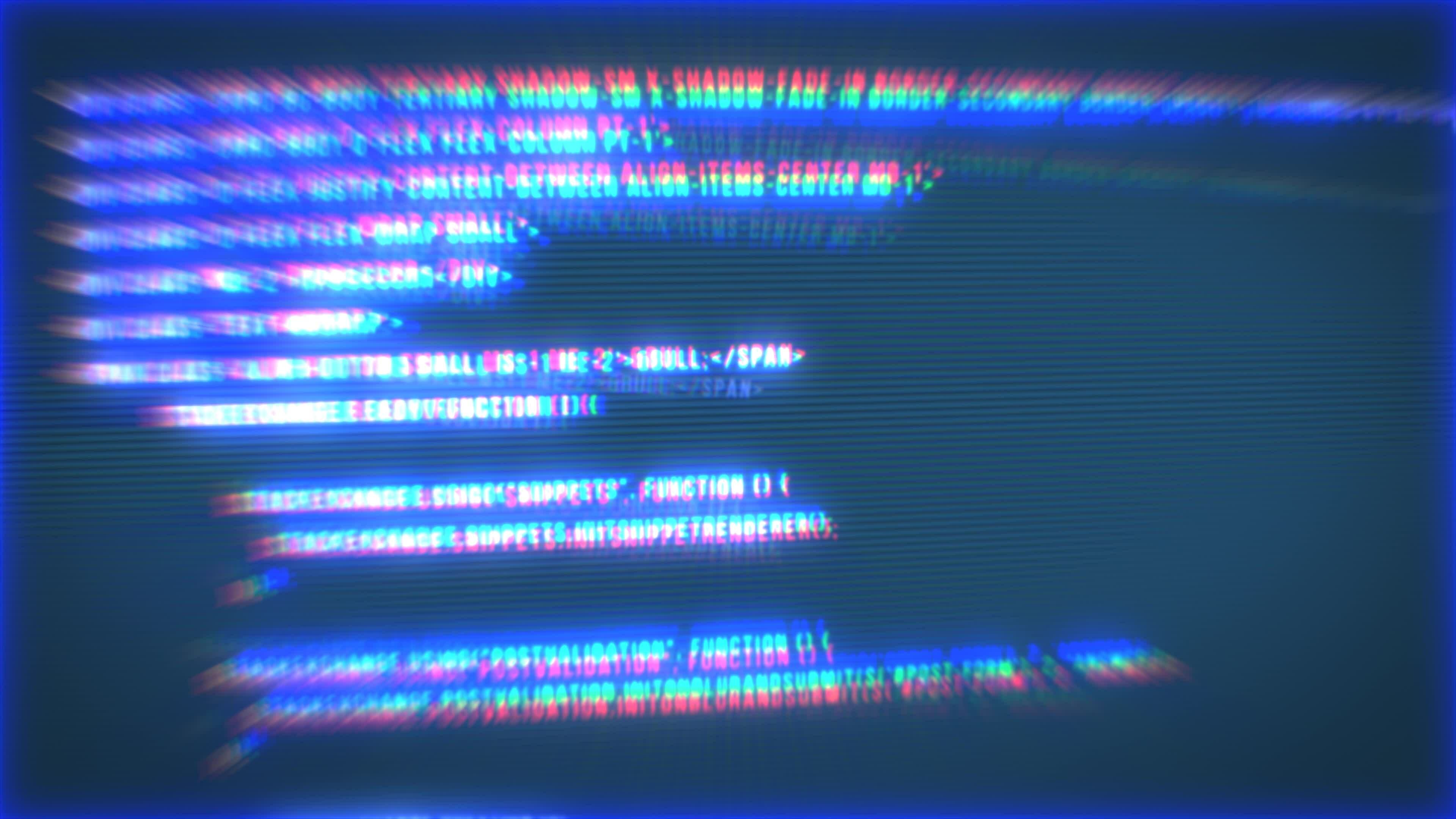 The process of writing a digital code by a programmer in a programming language, glowing letters ...