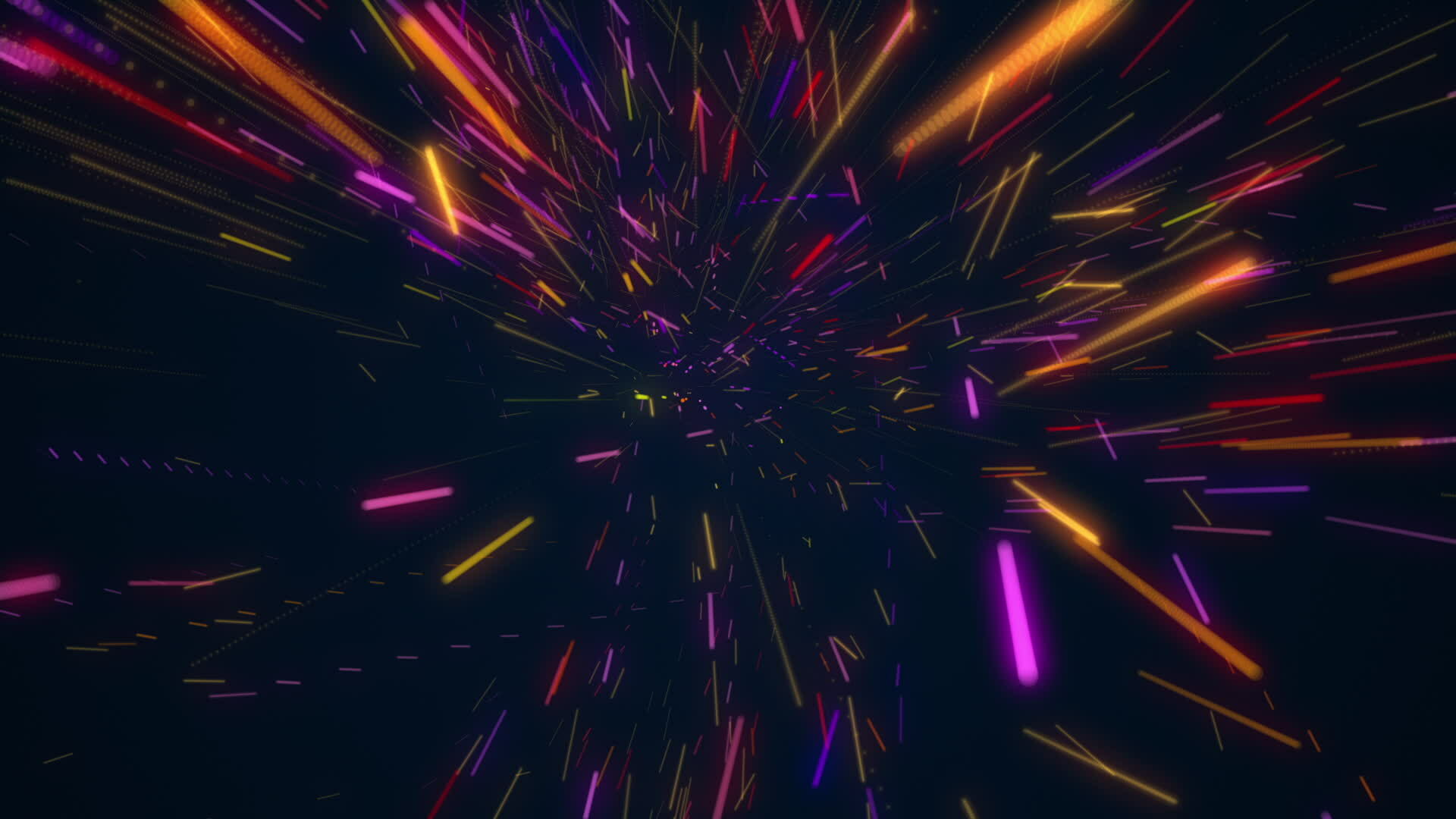 An explosion of glowing neon multicolored digital data particles swirling at high speed. Super ...