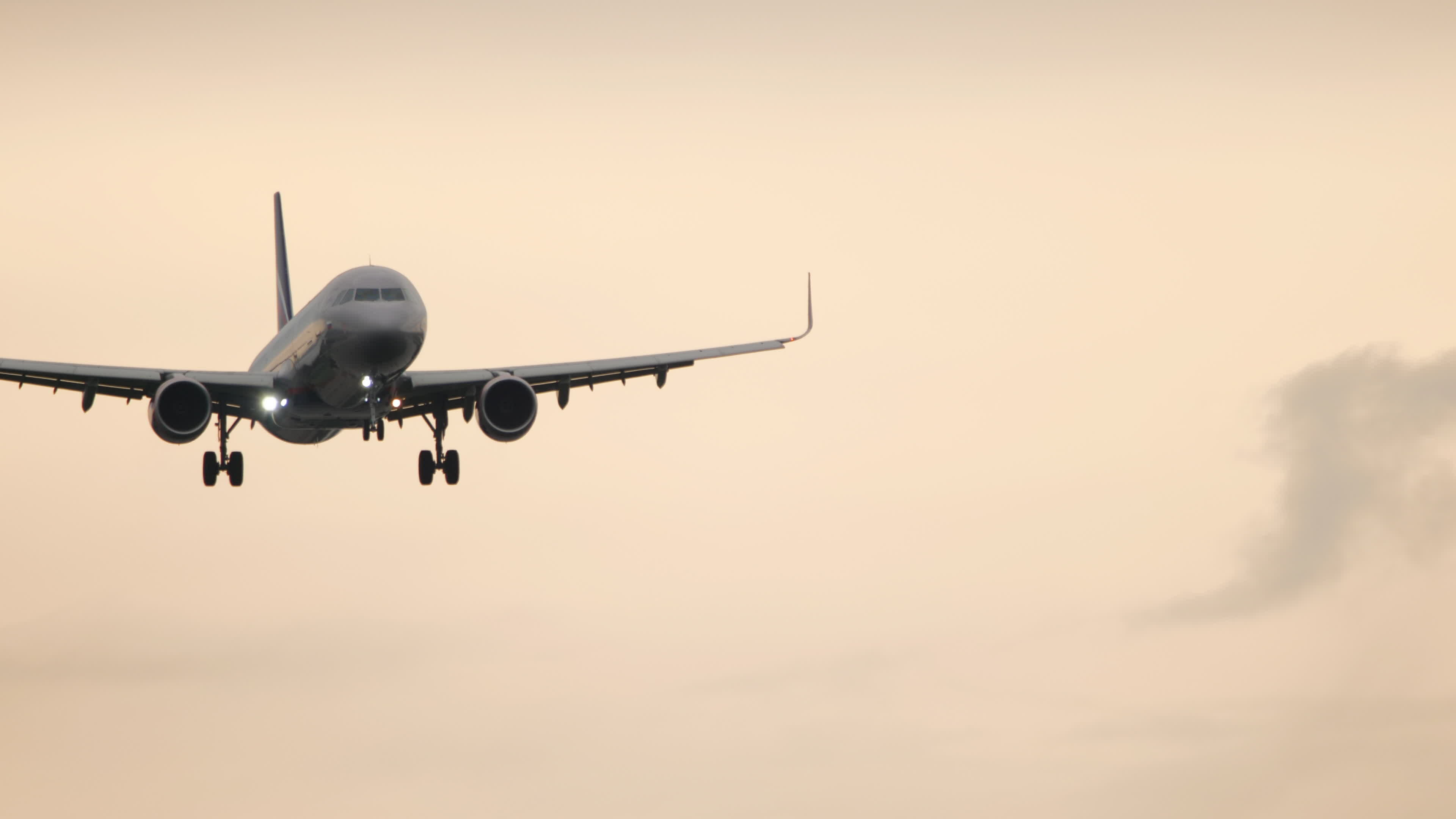 Long shot of jet plane approaching to landing. Airliner flies, front ... Long shot of jet plane approaching to landing. Airliner flies, front ...