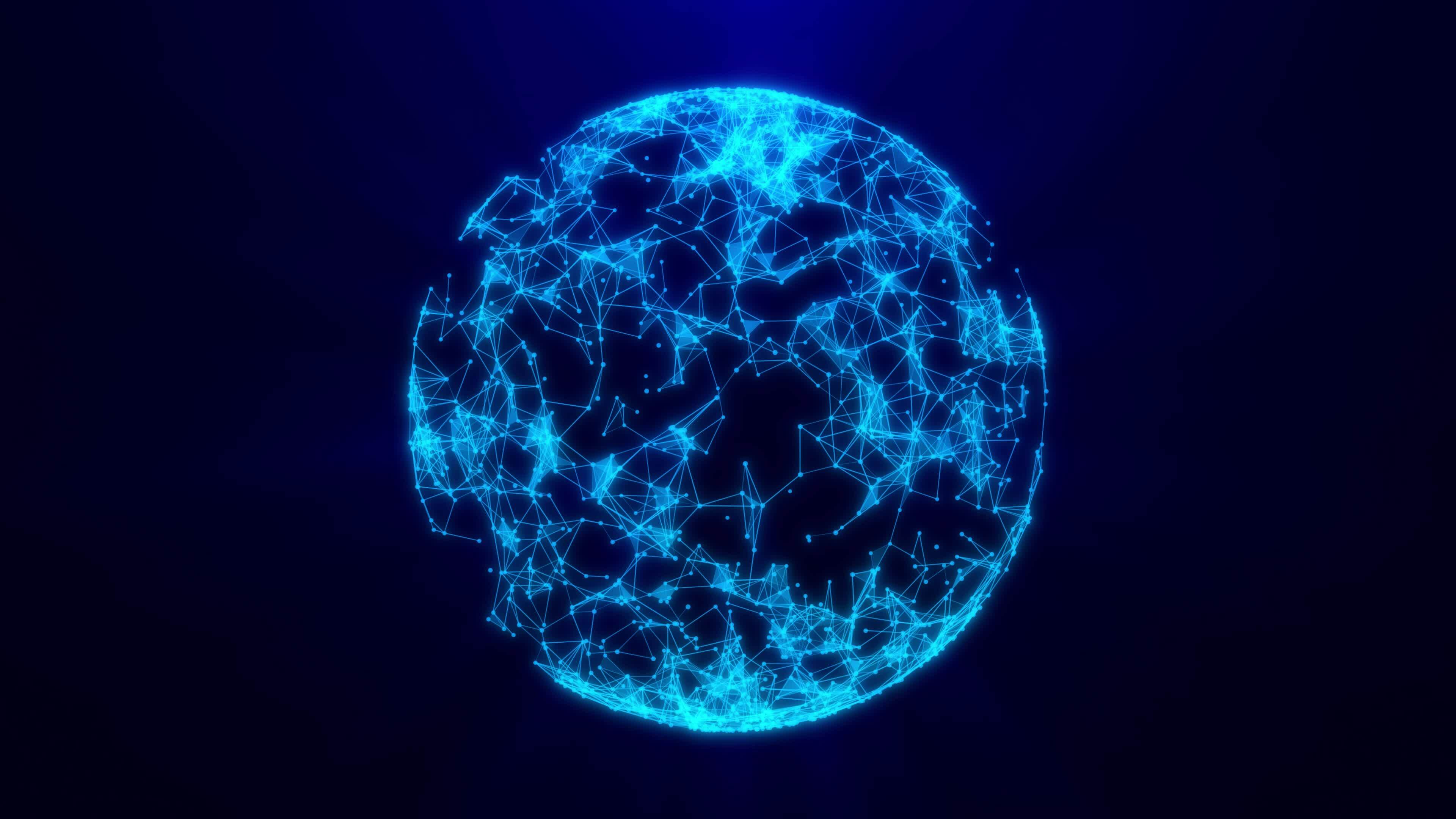 Abstract glowing digital sphere. Moving ball of dots, lines and ...