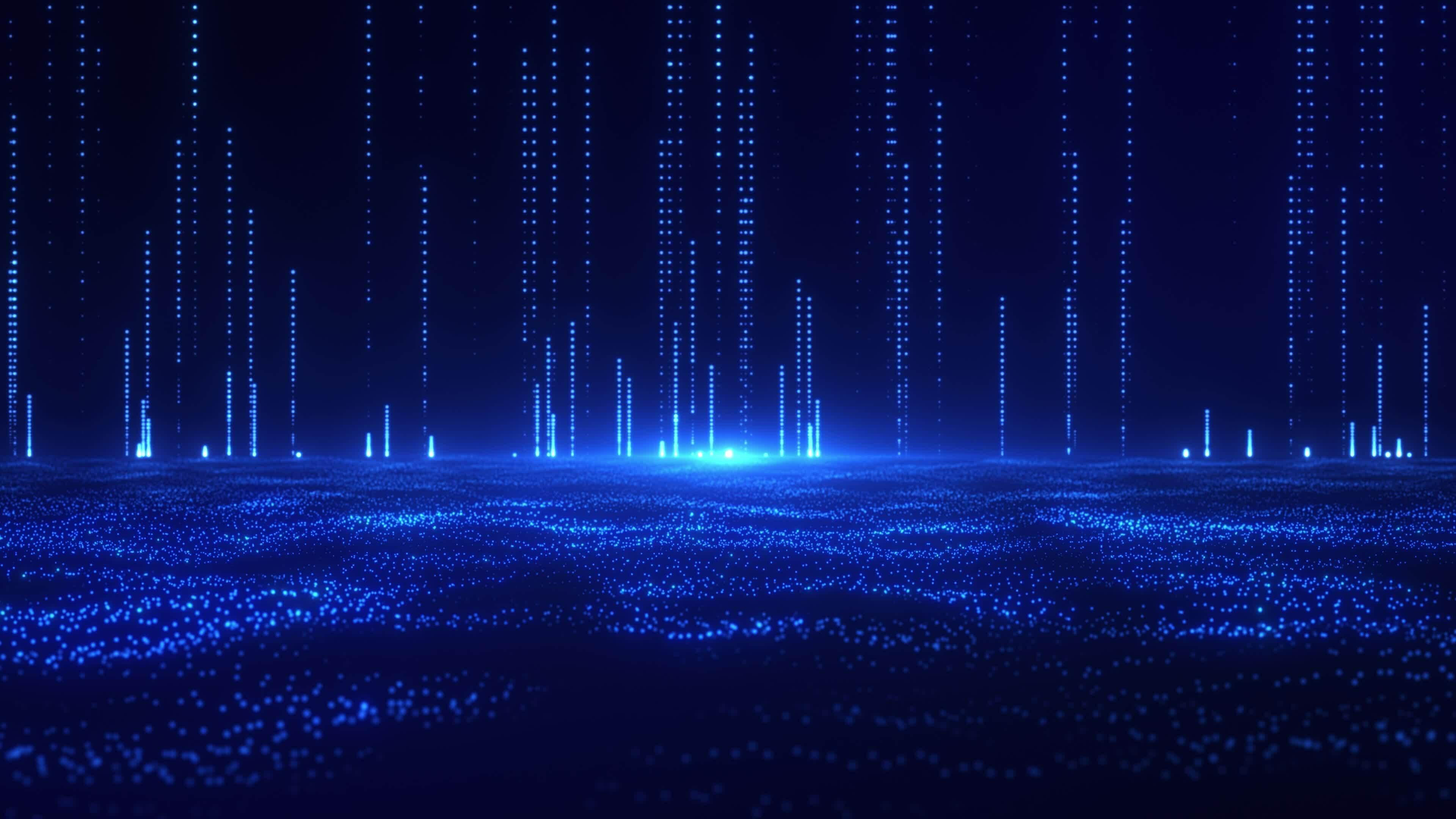 Digital waves of particles emit light and stream of data points, big data visualization ...