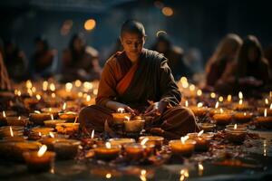 A group of Buddhist devotees engaging in a traditional ceremony showcasing the spiritual practices and rituals of Buddhism. Generative AI 31546987 Stock Photo at Vecteezy