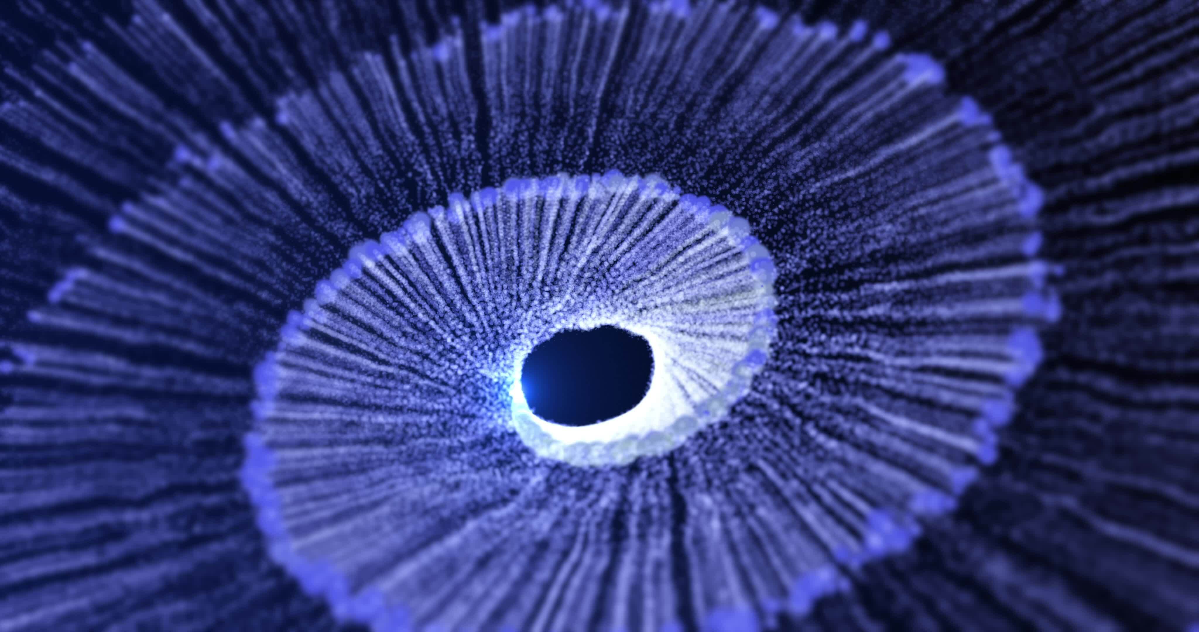 Abstract Glowing E Particles Flying In A Spiral In A Whirlwind Of