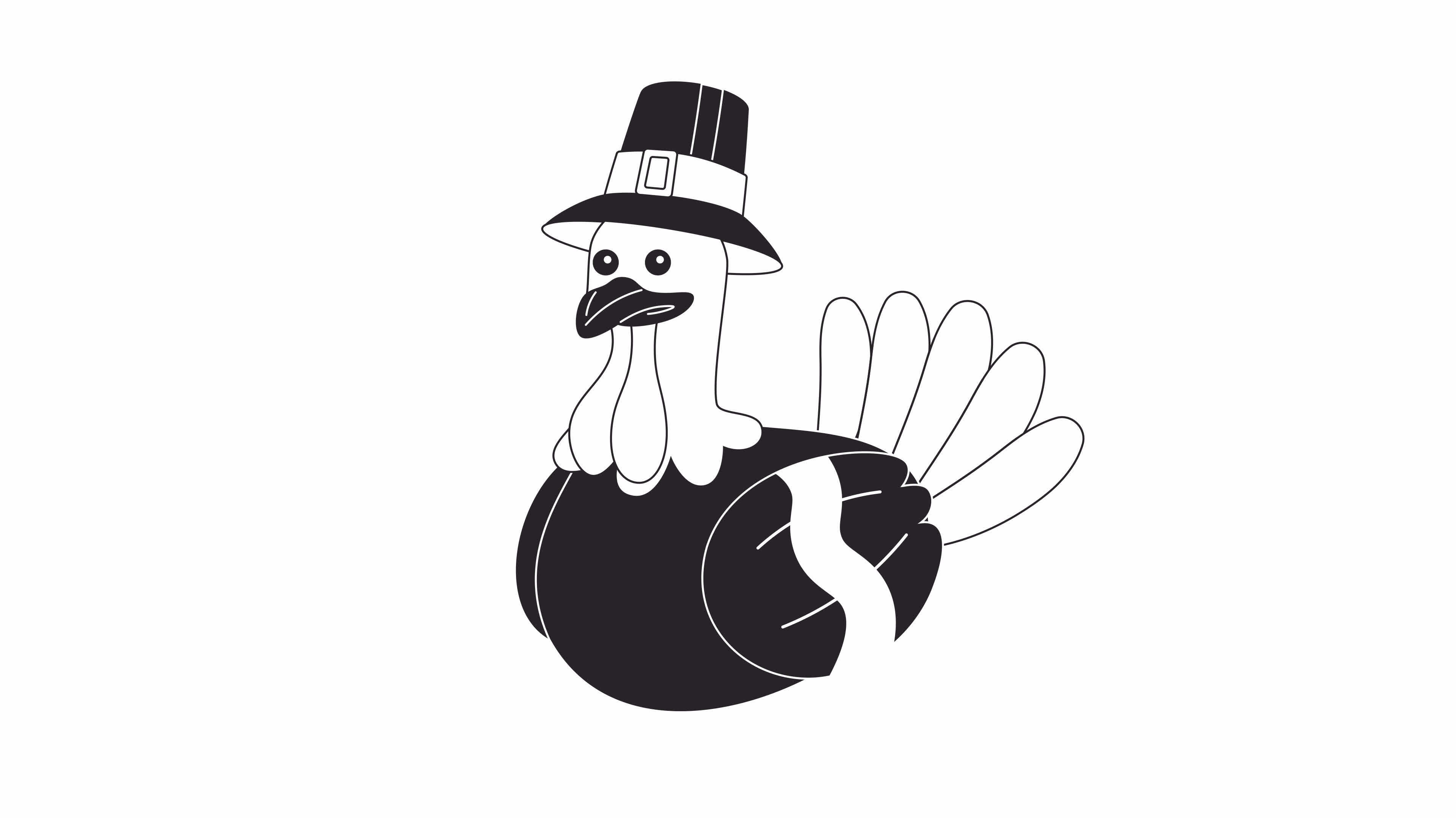 Pilgrim turkey blinking bw 2D character animation. Poultry bird wearing ...