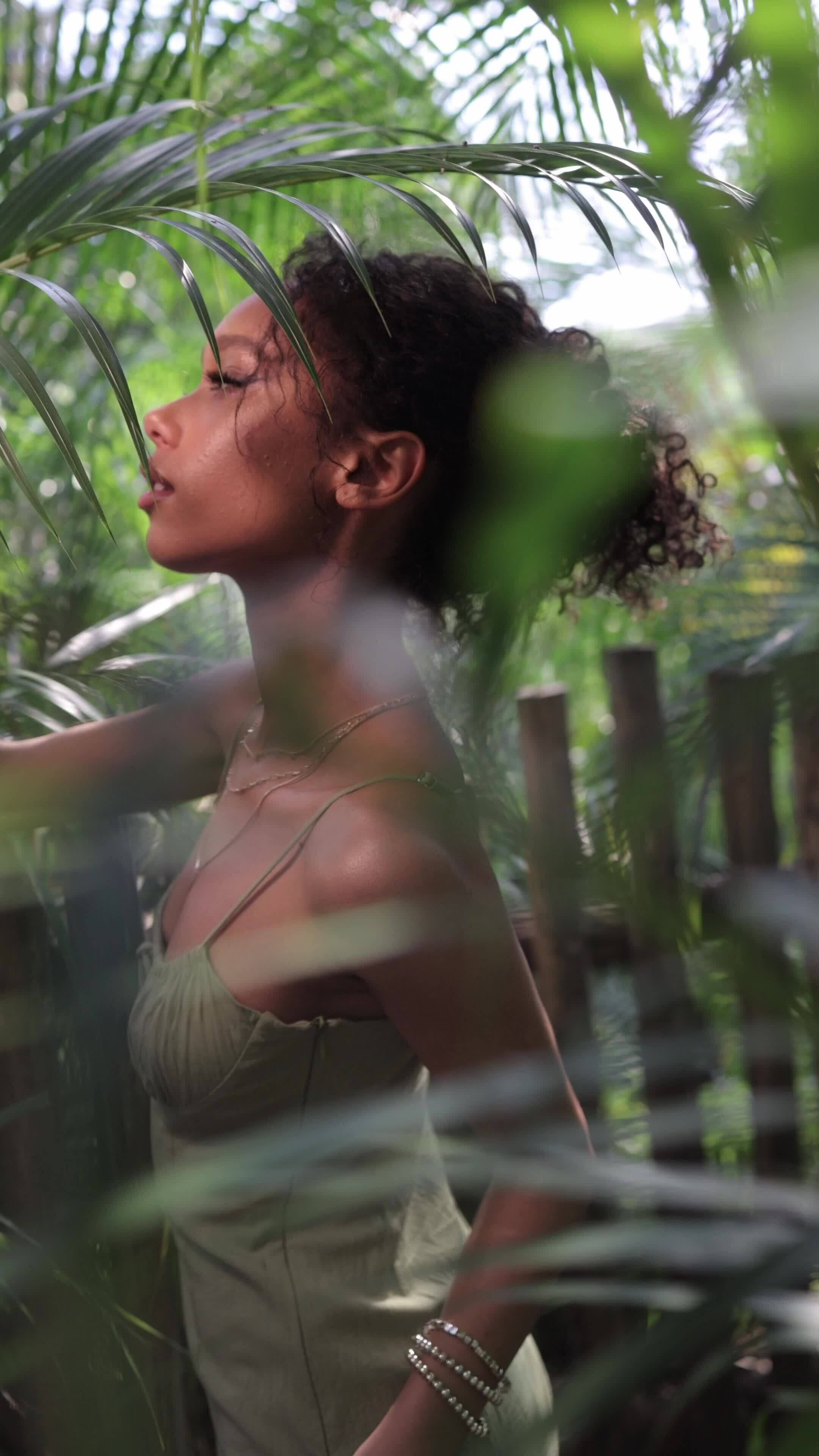 Young Beautiful Black African Woman Looking Around In The Woods Outdoor