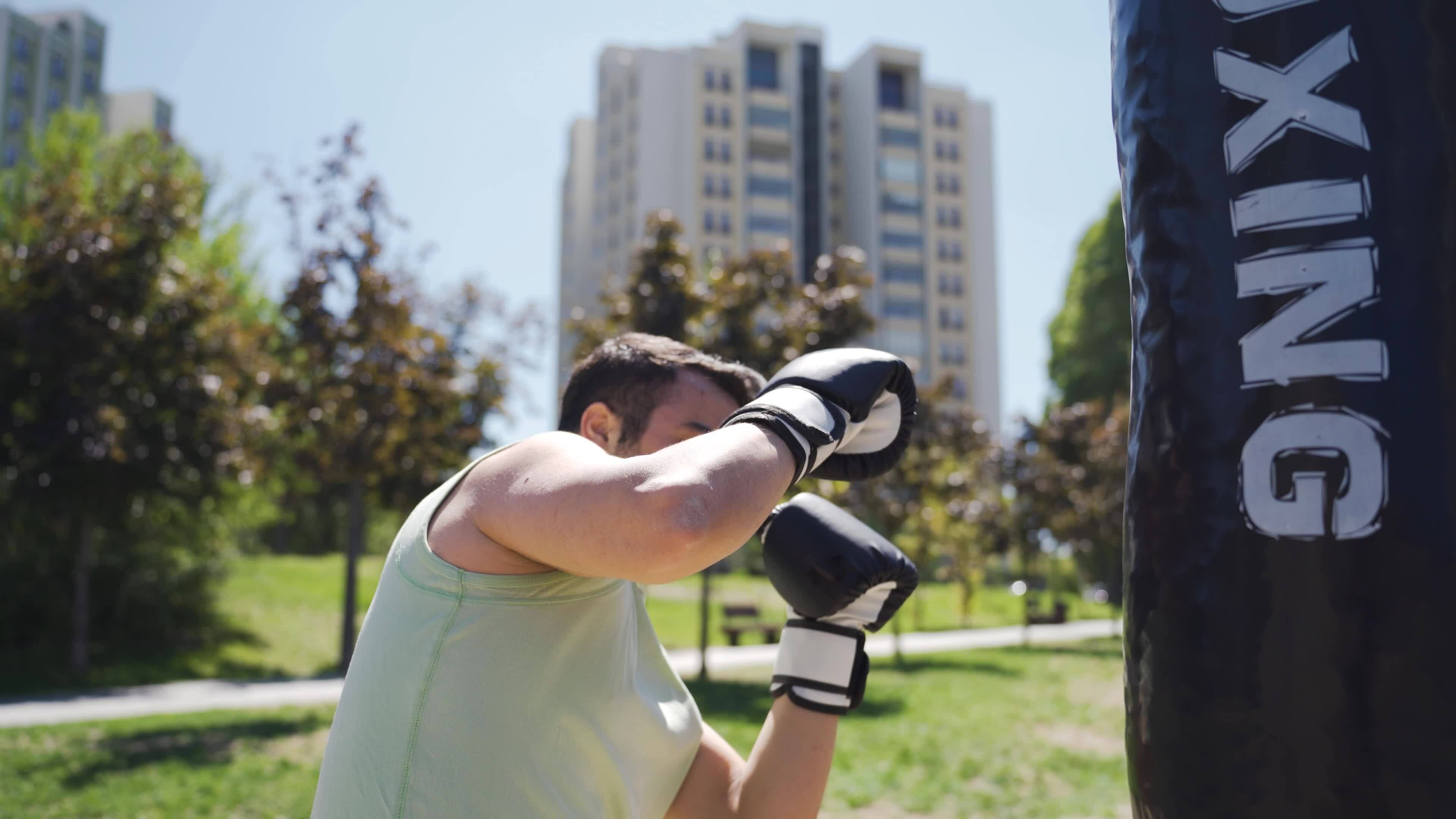 The Boxer Man Punches The Punching Bag With Ambition As He Beats It 33032392 Stock Video At