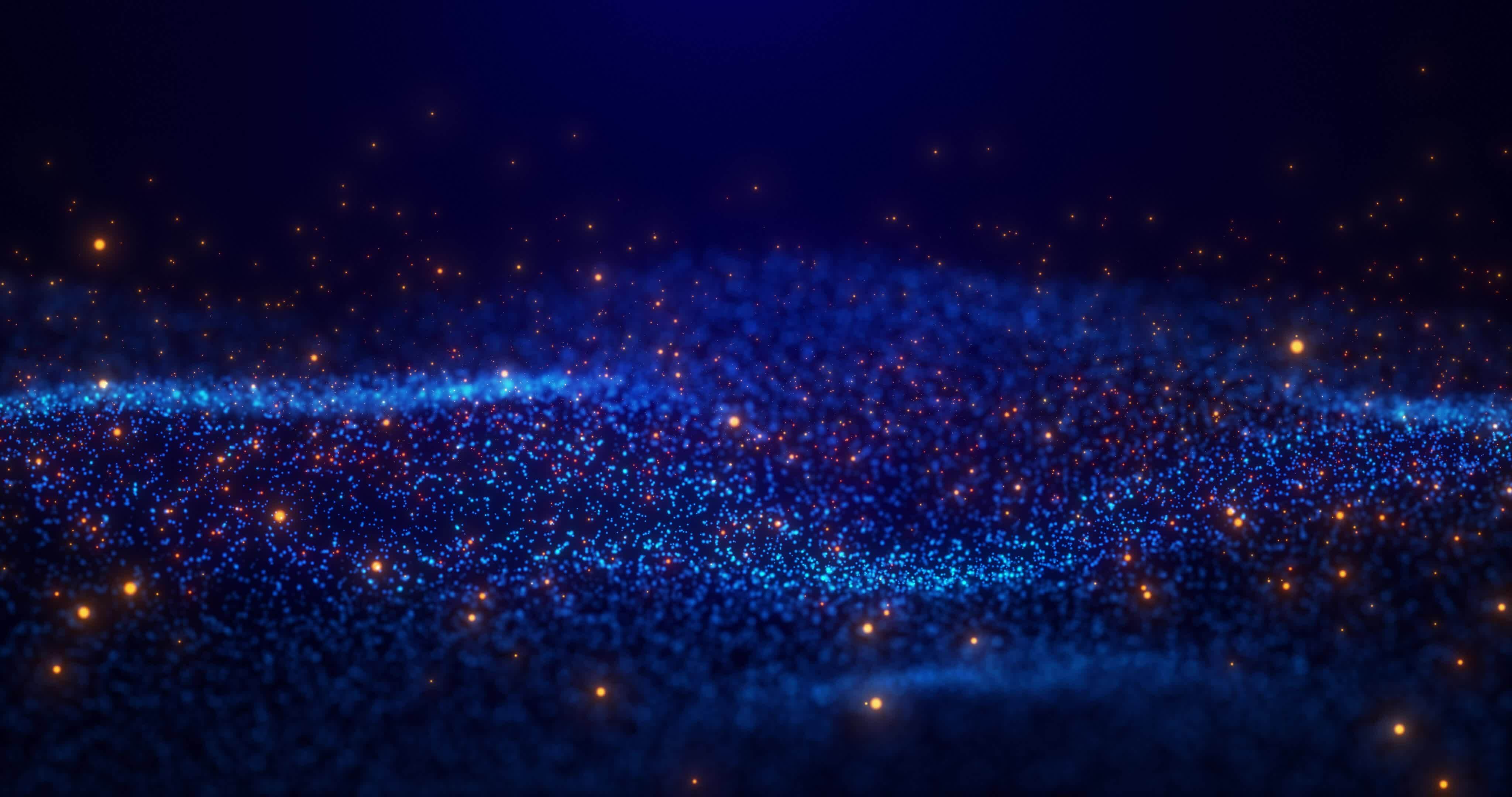 Abstract digital particle waves and light background, orange glowing particles rising up, cyber ...