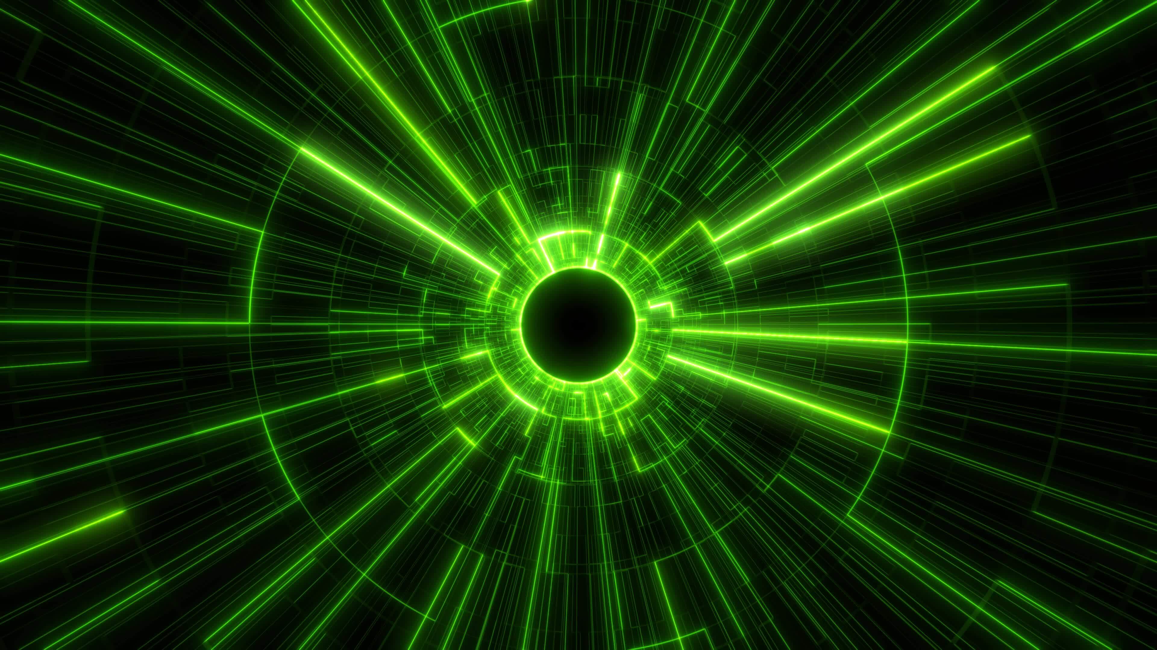 Digital futuristic tunnel or travel through time and space at high speed, moving bright neon ...