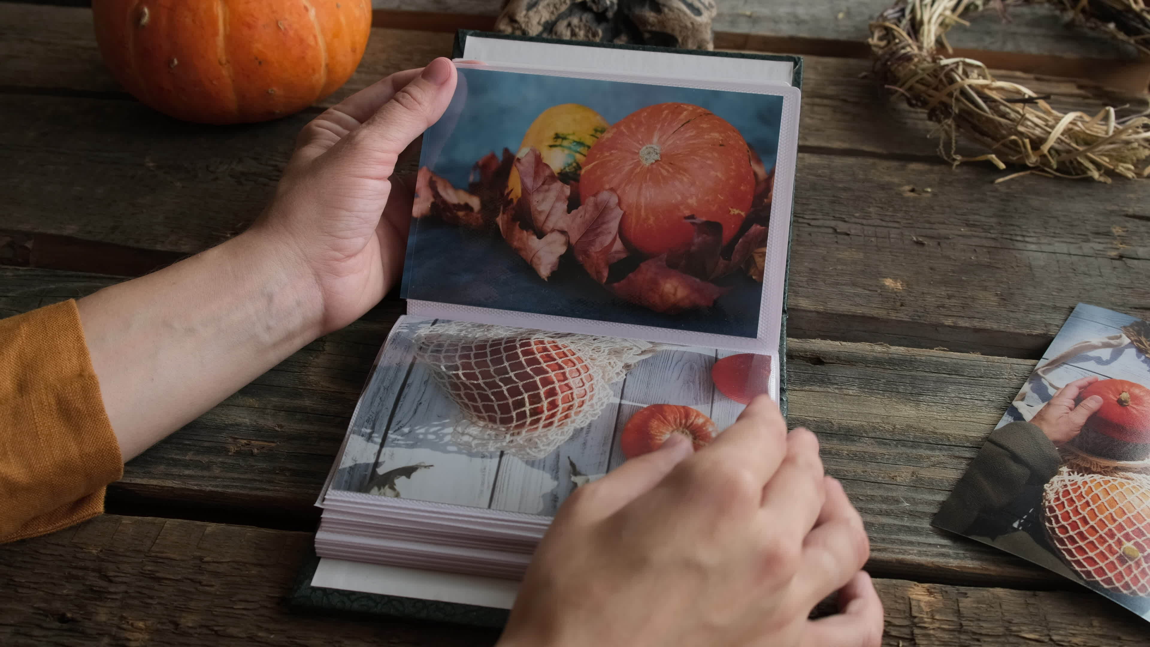 Female hands flip through pages of photo album with autumn printed ...