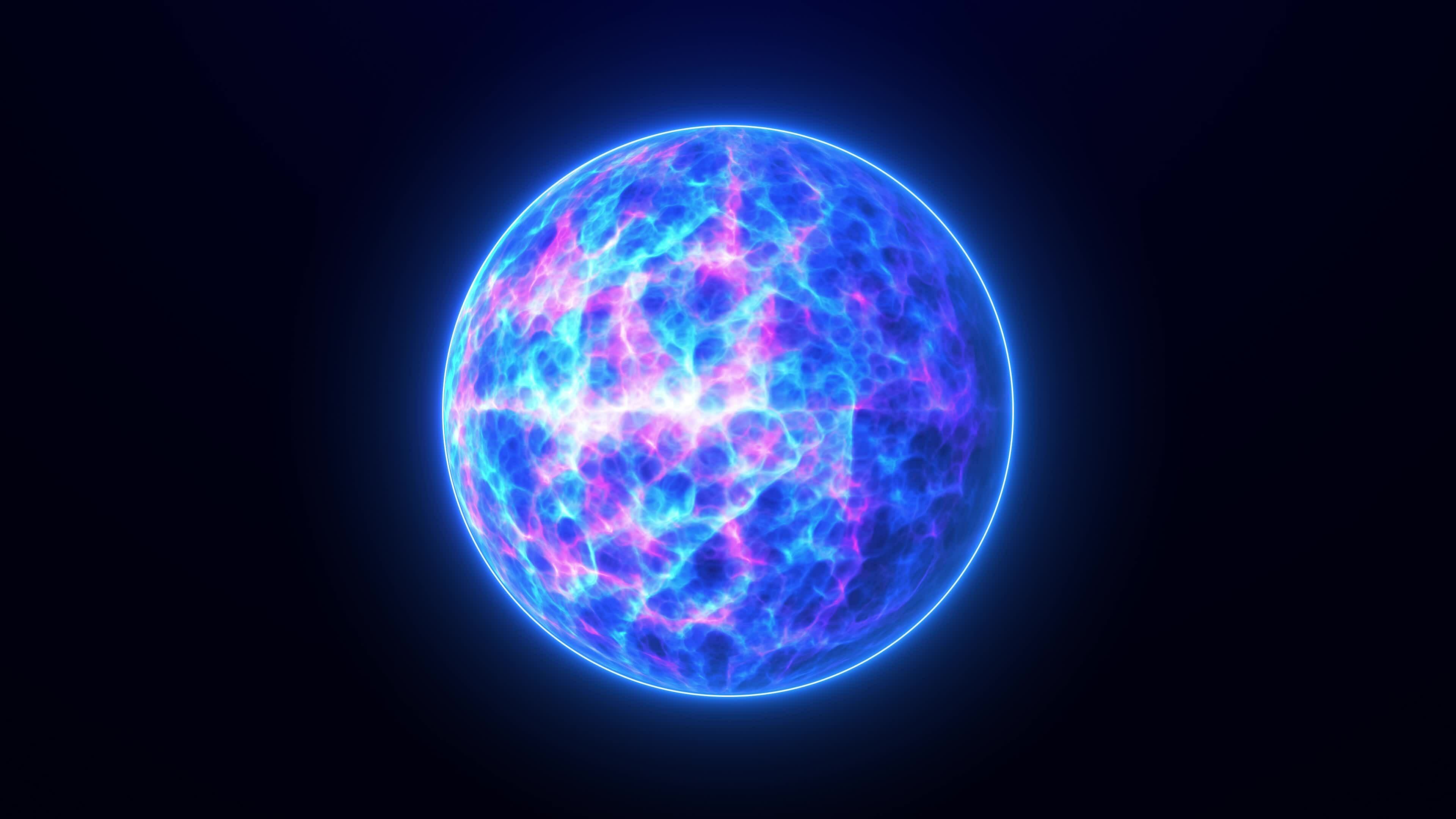 Abstract glowing particle sphere, ultraviolet atom, energy ball shining ...