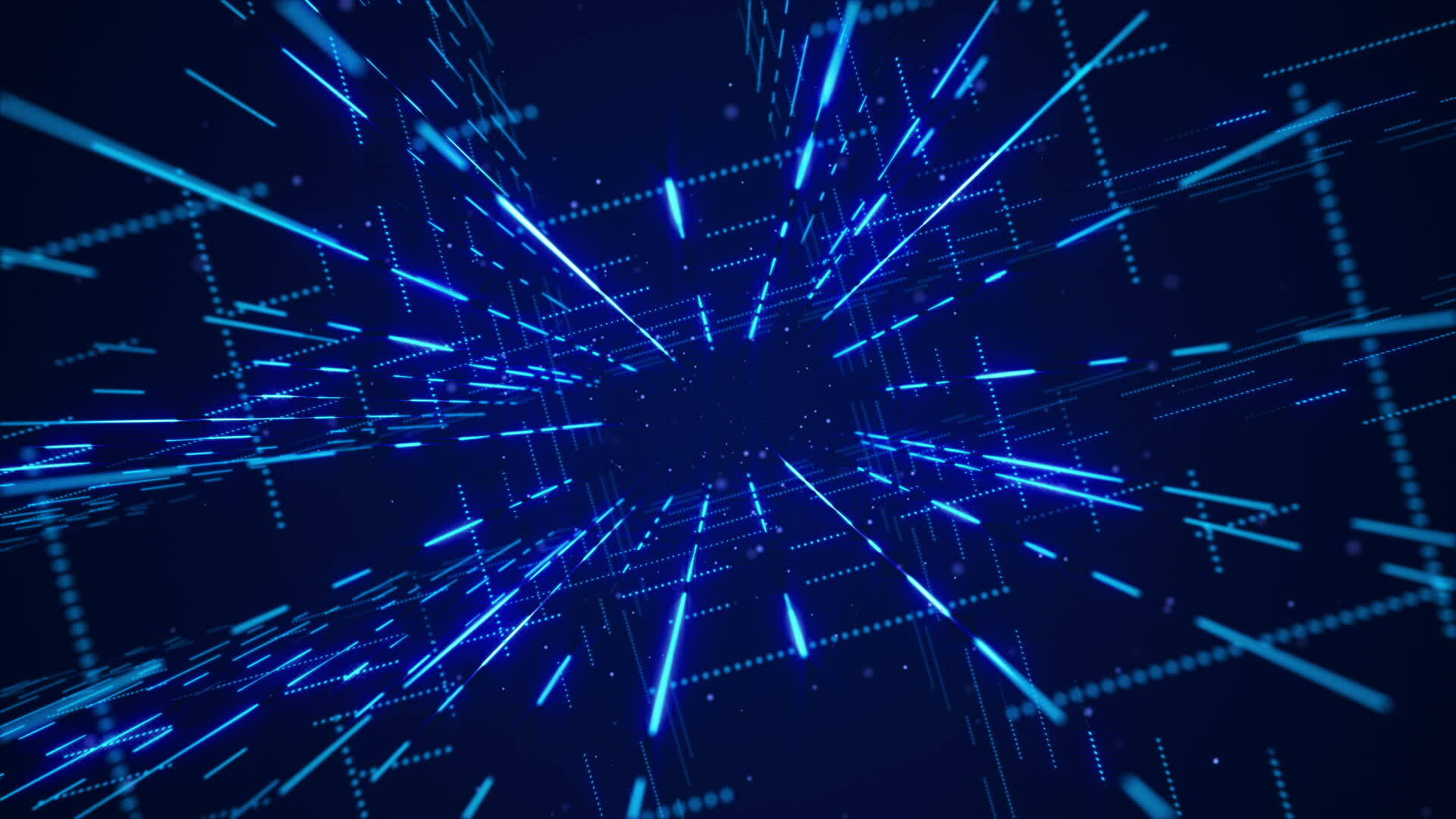 A Futuristic Blue Grid Network Of Blinking Digital Data Lights And Floating Particles
