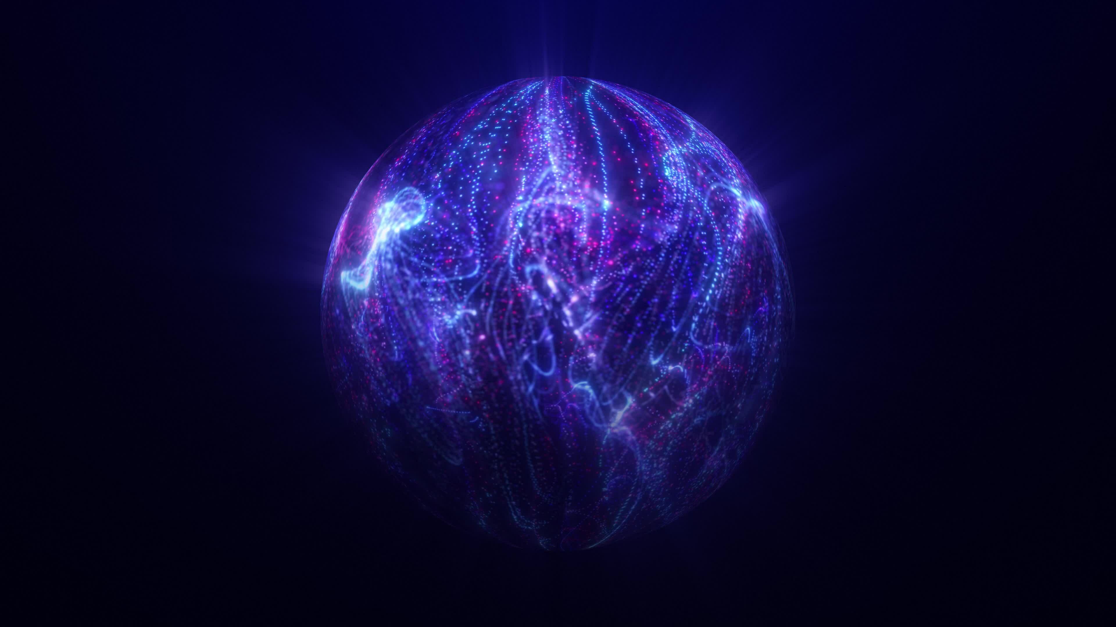 Abstract glowing sphere, energy ball shines brightly with rays of light, magic waves from ...